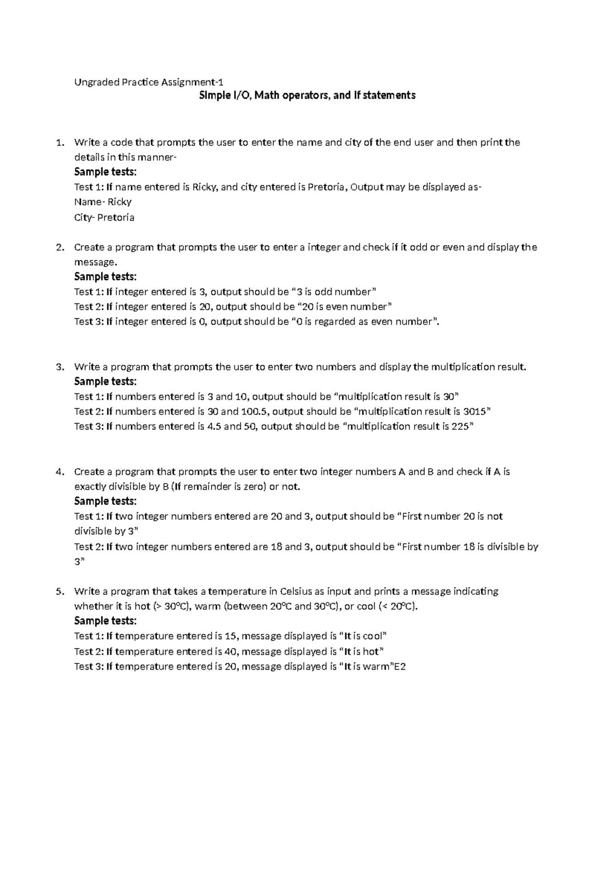 Assignment Session 1: Simple Math Operators & If Statements - Studocu
