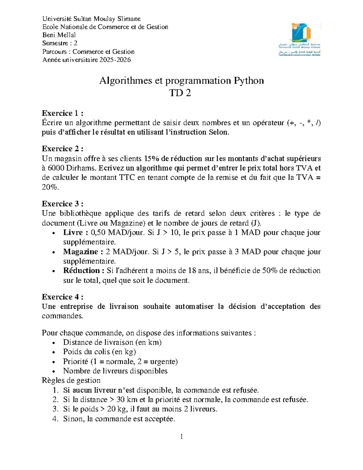 TD 2 Algorithmes et Programmation Python - Exercices et Solutions - Studocu
