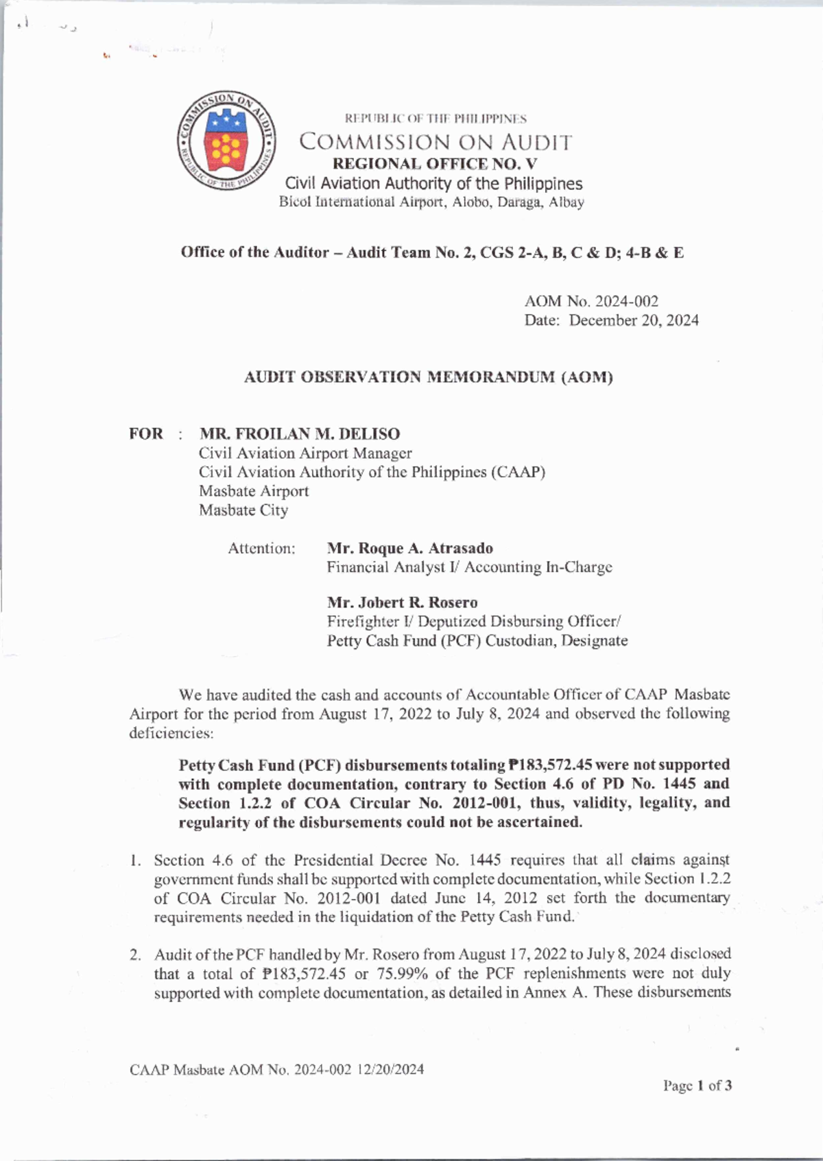 AOM for Petty Cash Fund Compliance for CAAP Masbate Airport - Studocu