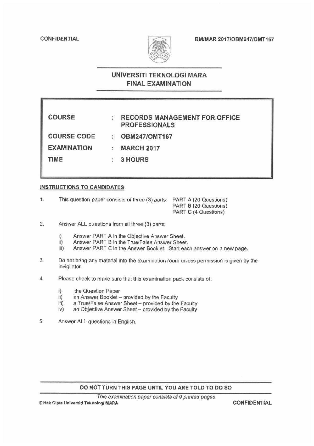 OBM247 OMT167 - Final Exam Paper for Records Management - Studocu