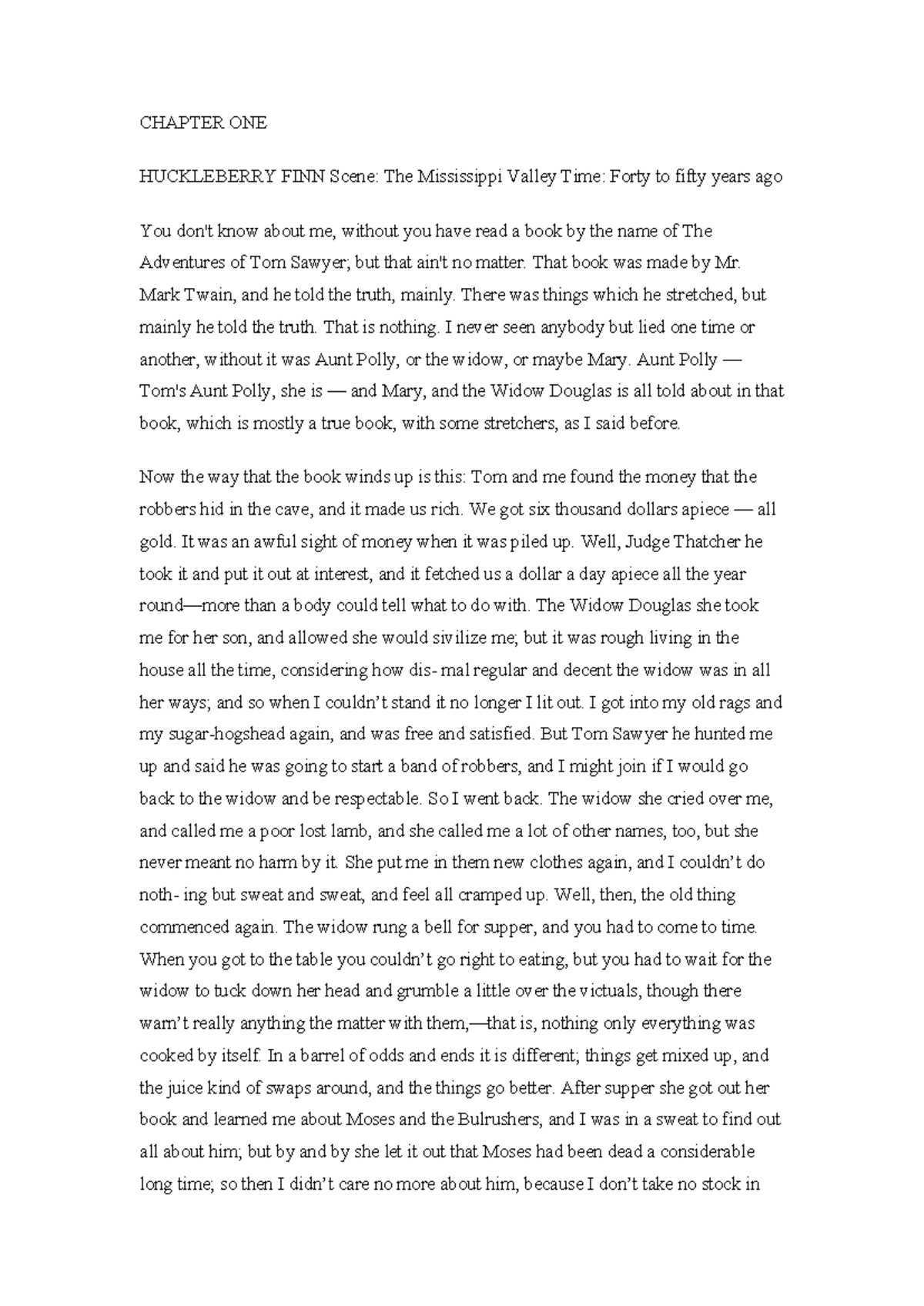 CHAPTER ONE: HUCKLEBERRY FINN - Analyzing the Mississippi Valley - Studocu