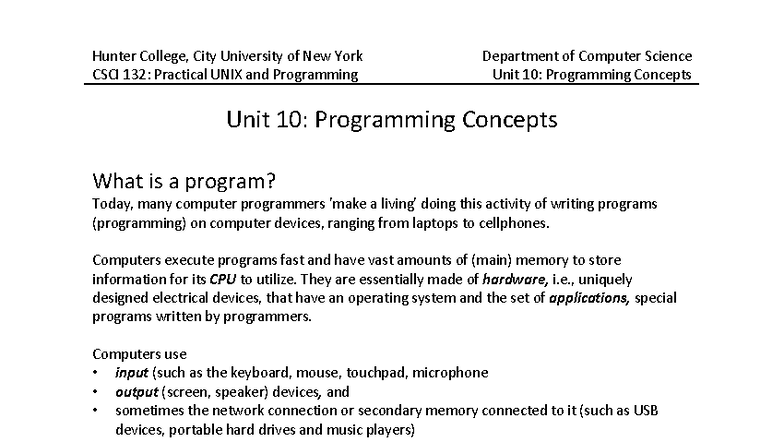 CSCI 132: Practical UNIX & Programming - Unit 10 Concepts Overview ...