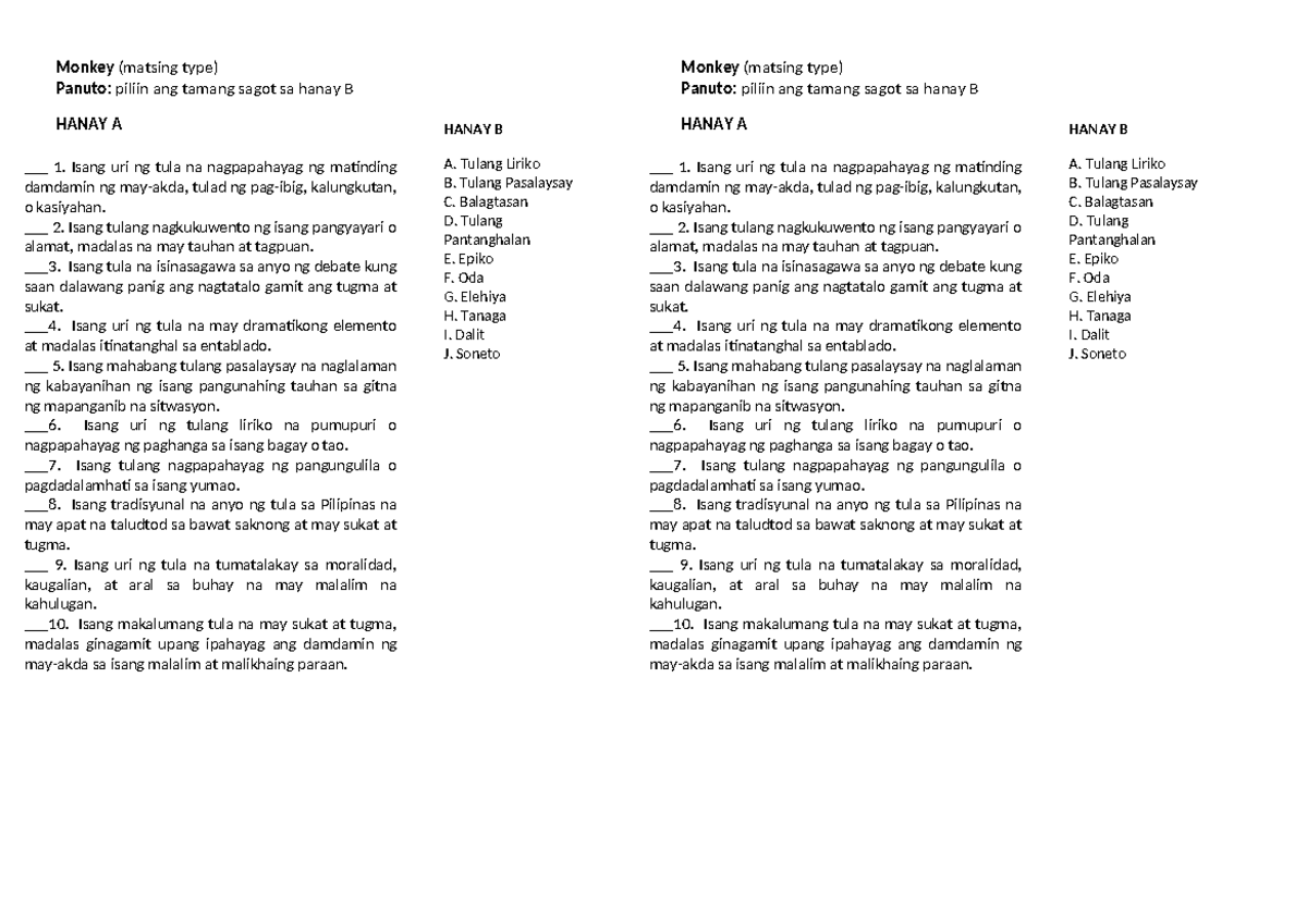 Pagsusulit sa mga Uri ng Tula: Tamang Sagot at Paliwanag - Studocu
