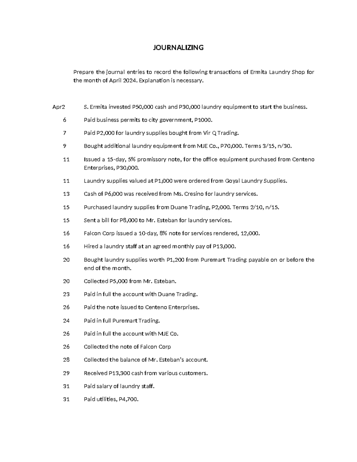 Journal Entries for Transactions - Ermita Laundry Shop (Apr 2024) - Studocu