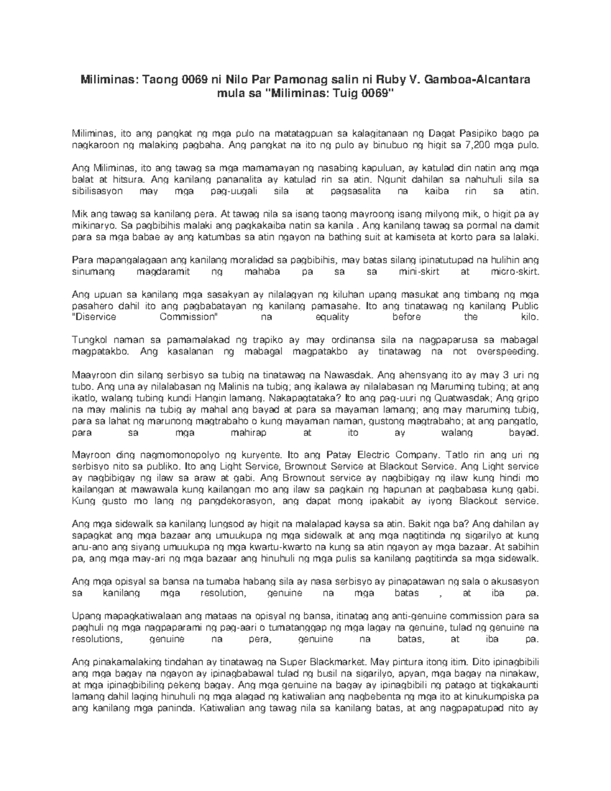 Sanaysay sa Miliminas: Tarih at Katatawanan ng Taong 0069 - Studocu