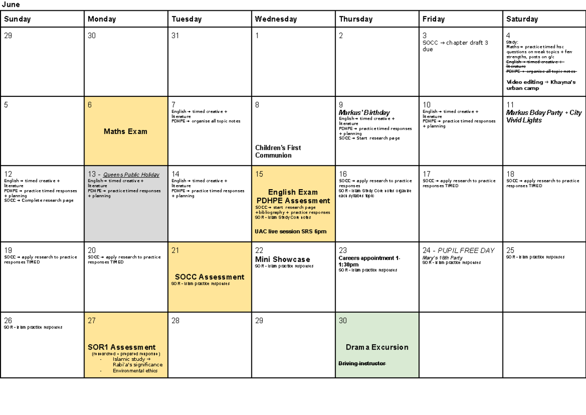 2022 Timetable - School + HSC - June Sunday Monday Tuesday Wednesday ...