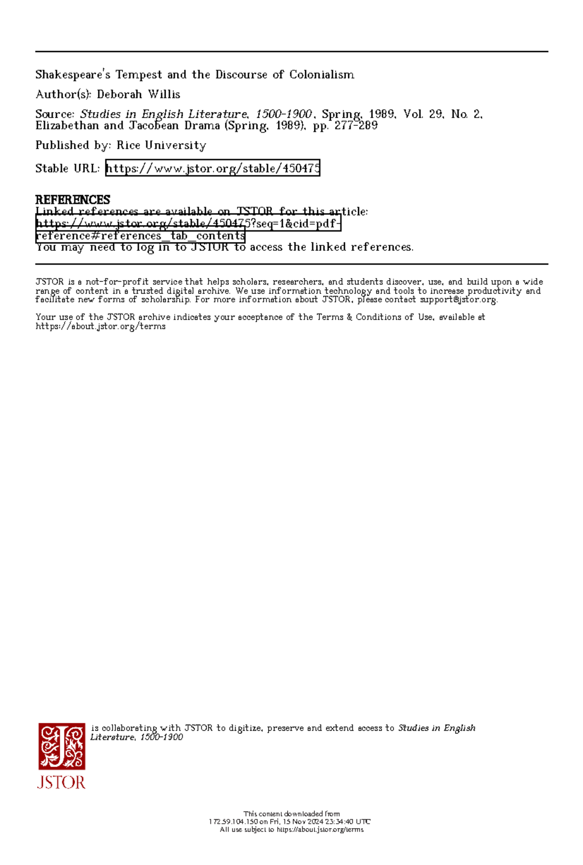 SEL 29(1989): Colonial Discourse & Power Dynamics in Shakespeare's ...