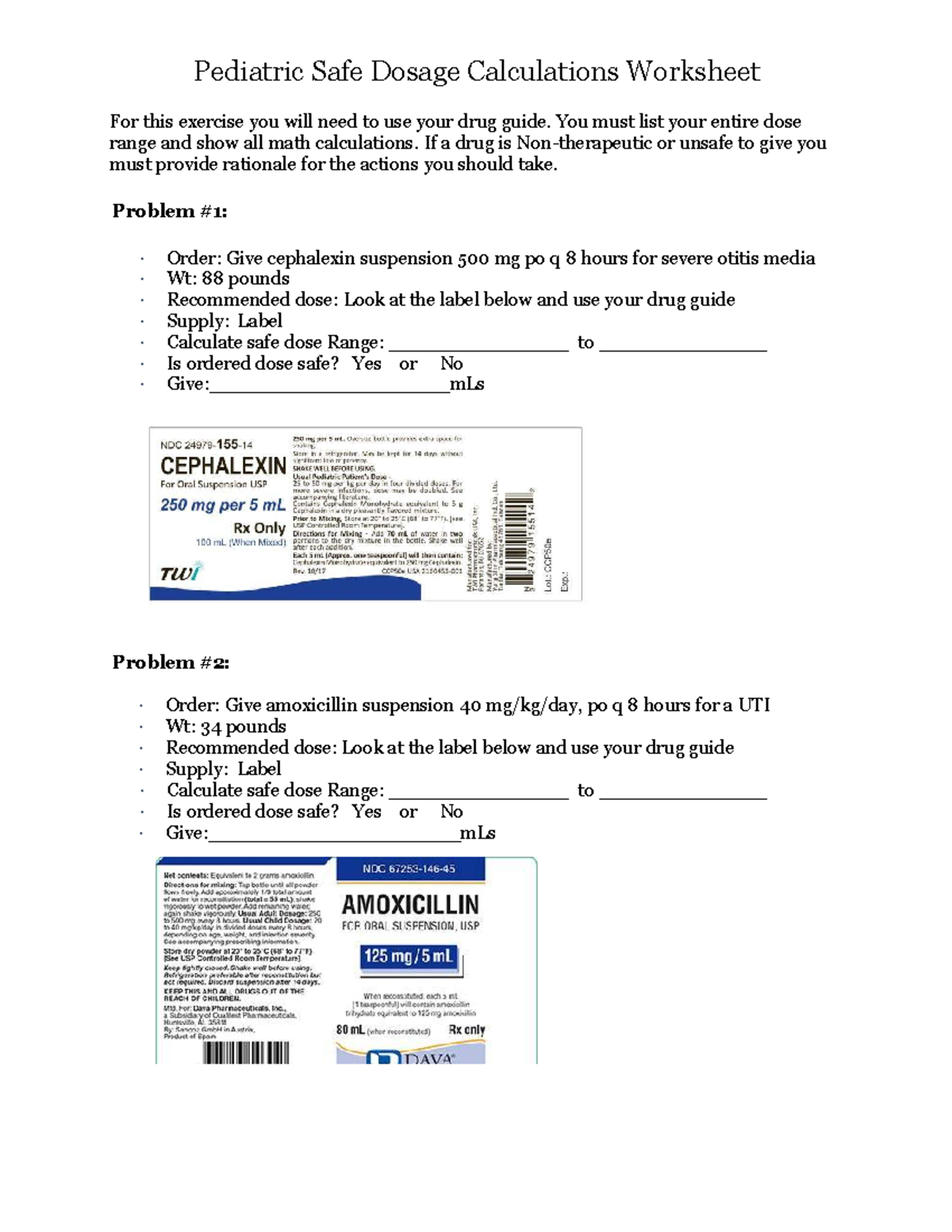 PNUR Pediatric Safe Dosage Calculation Worksheet for Medications - Studocu