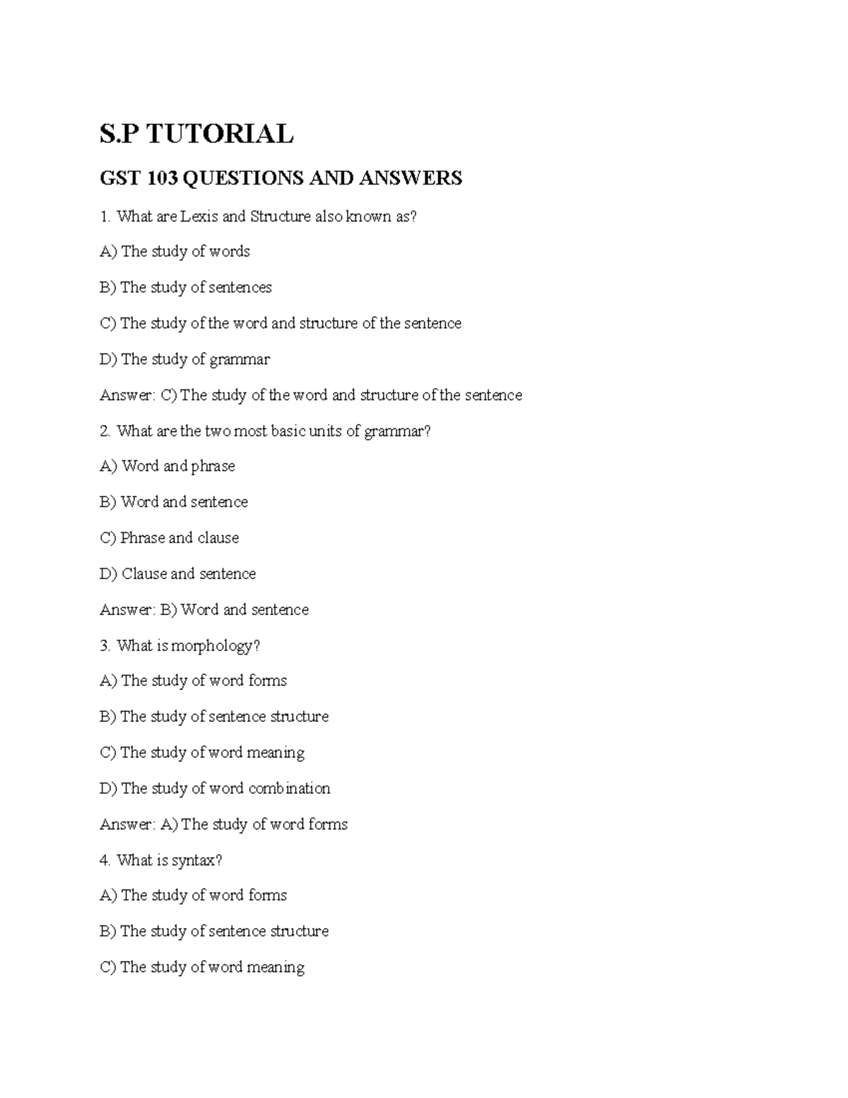 S.P Tutorial GST 103: Key Questions and Answers Guide - Studocu