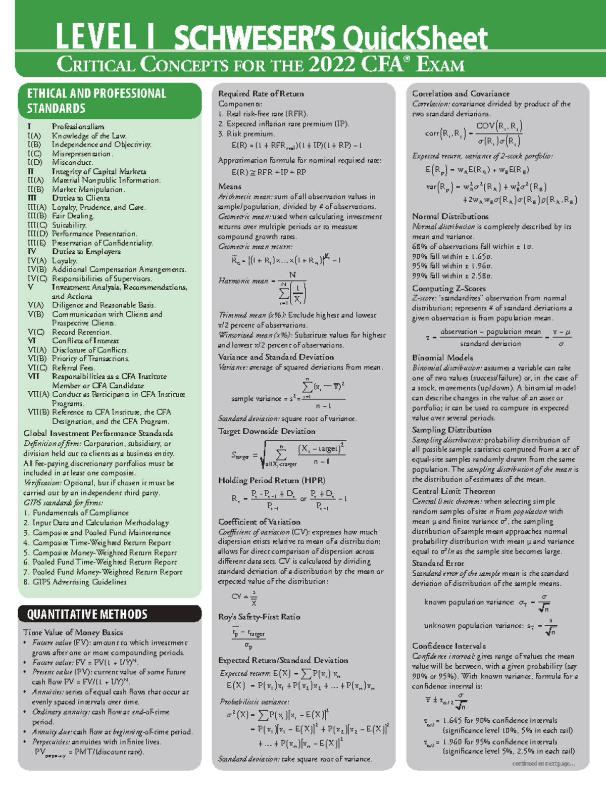 LEVEL I QuickSheet: Key Concepts for 2022 Exam on Ethical Standards ...