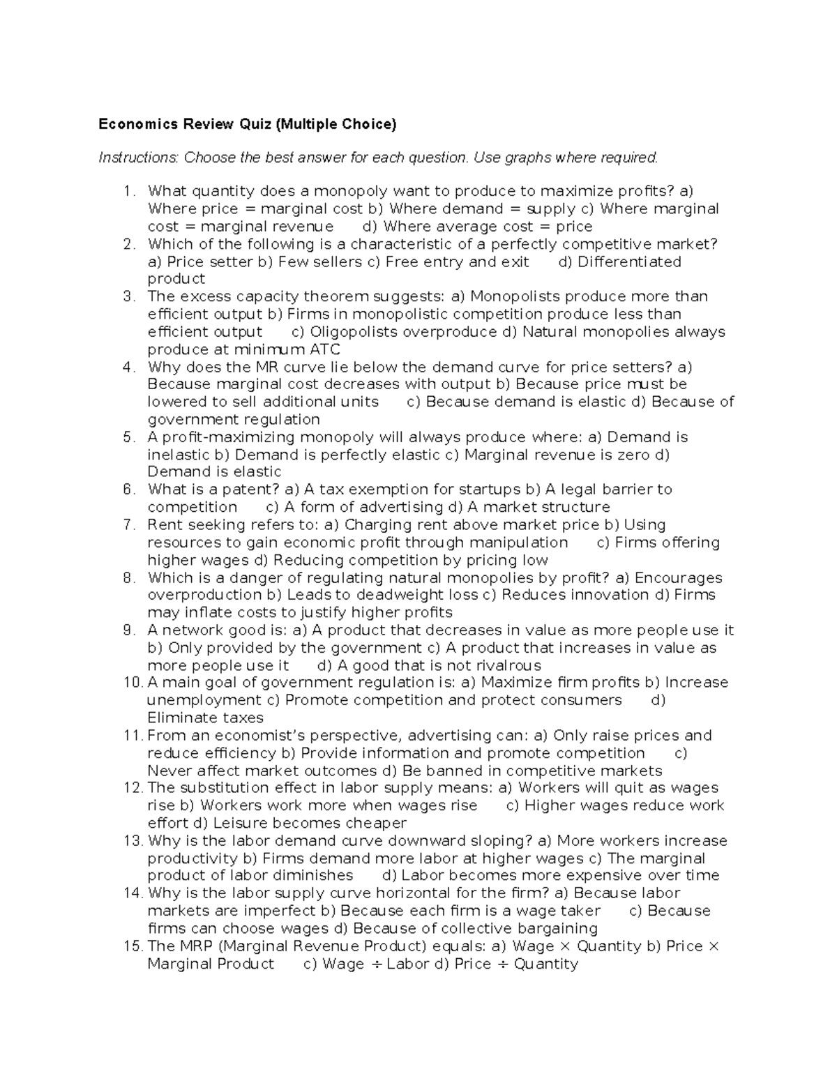 Economics Review Quiz (ECO 101) - Multiple Choice Questions - Studocu