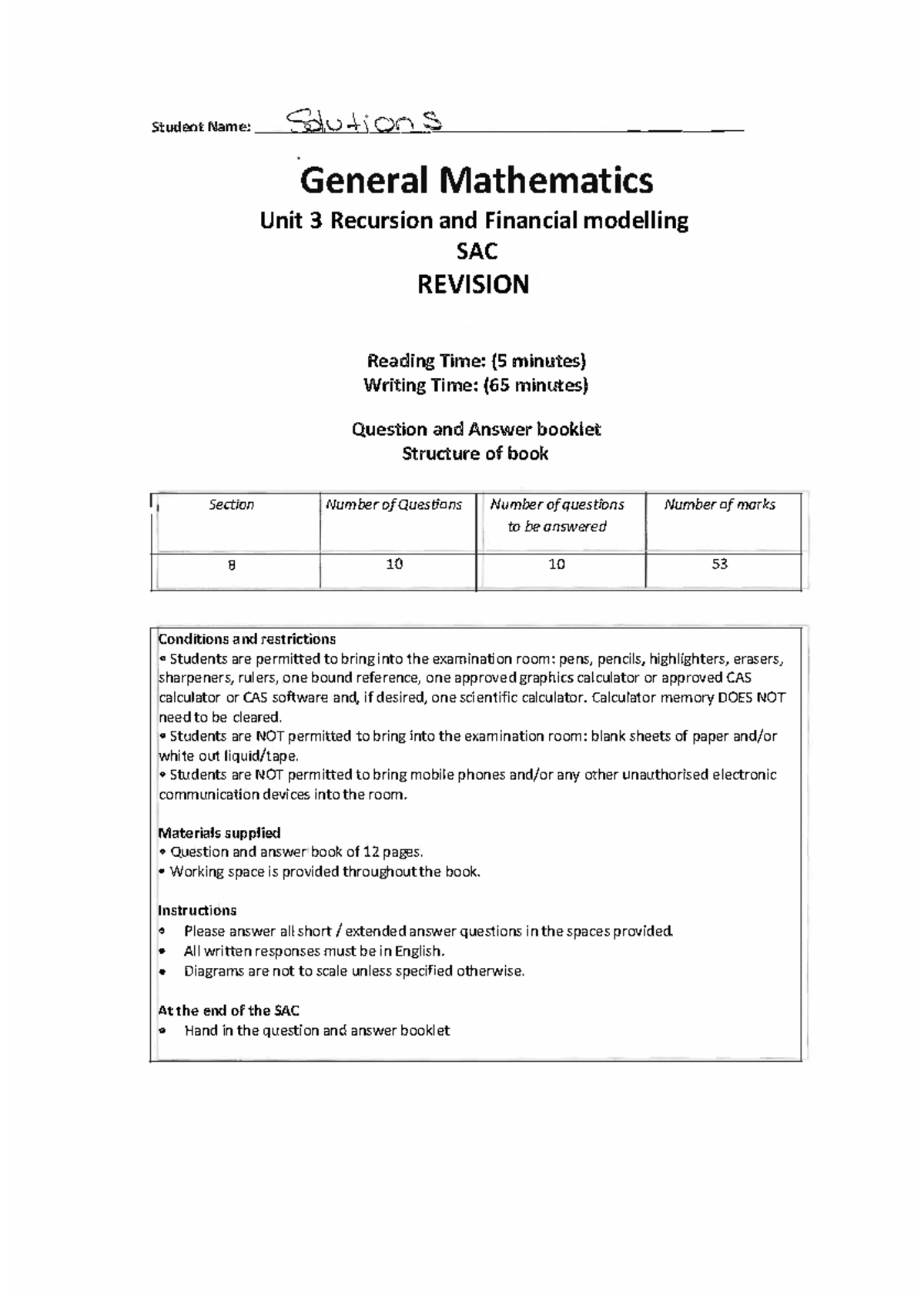 2024 General Unit 3 Recursion and Financial modelling Short Answer SAC ...