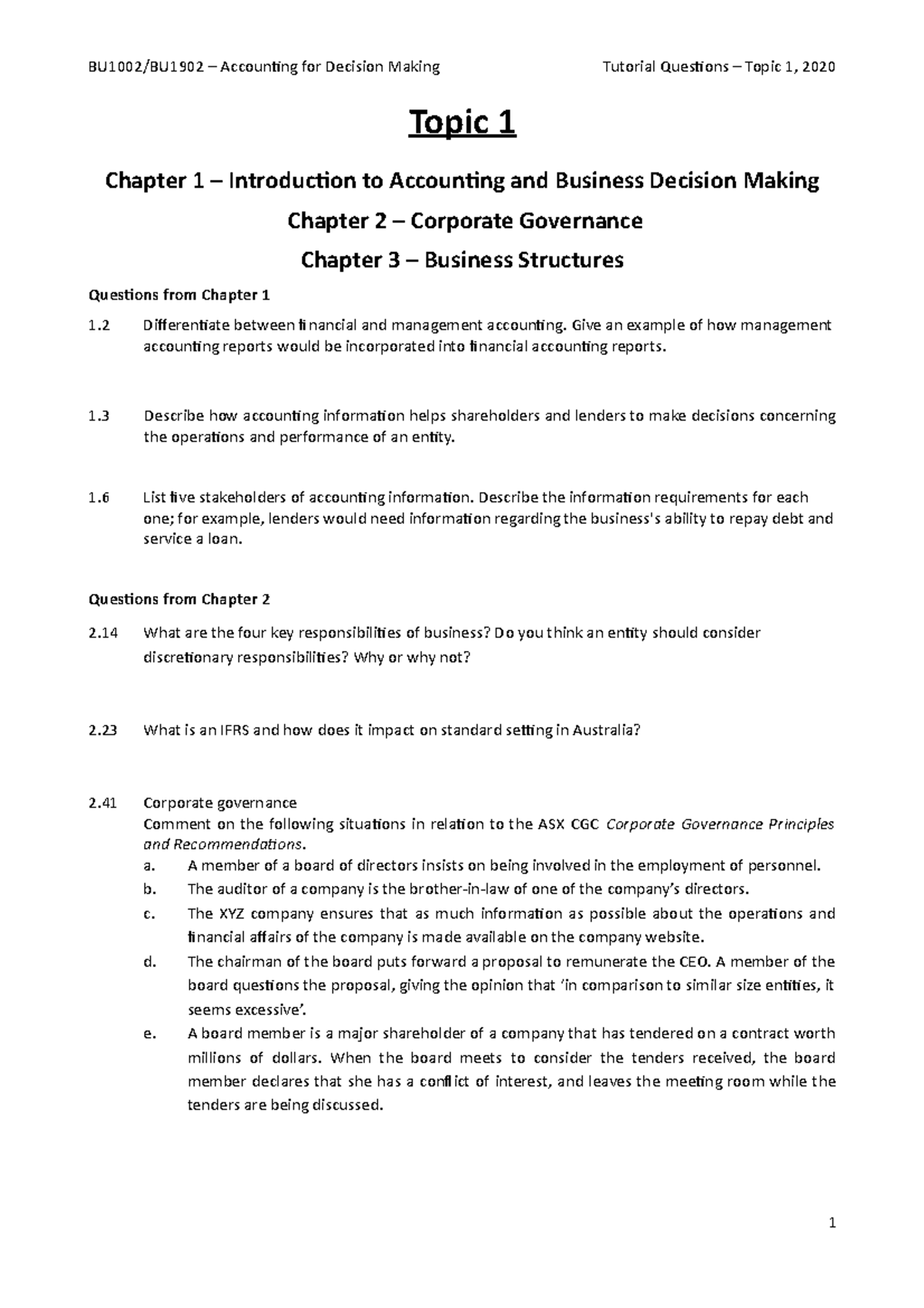 BU1002/BU1902 – Accounting for Decision Making Tutorial Questions 2020 ...