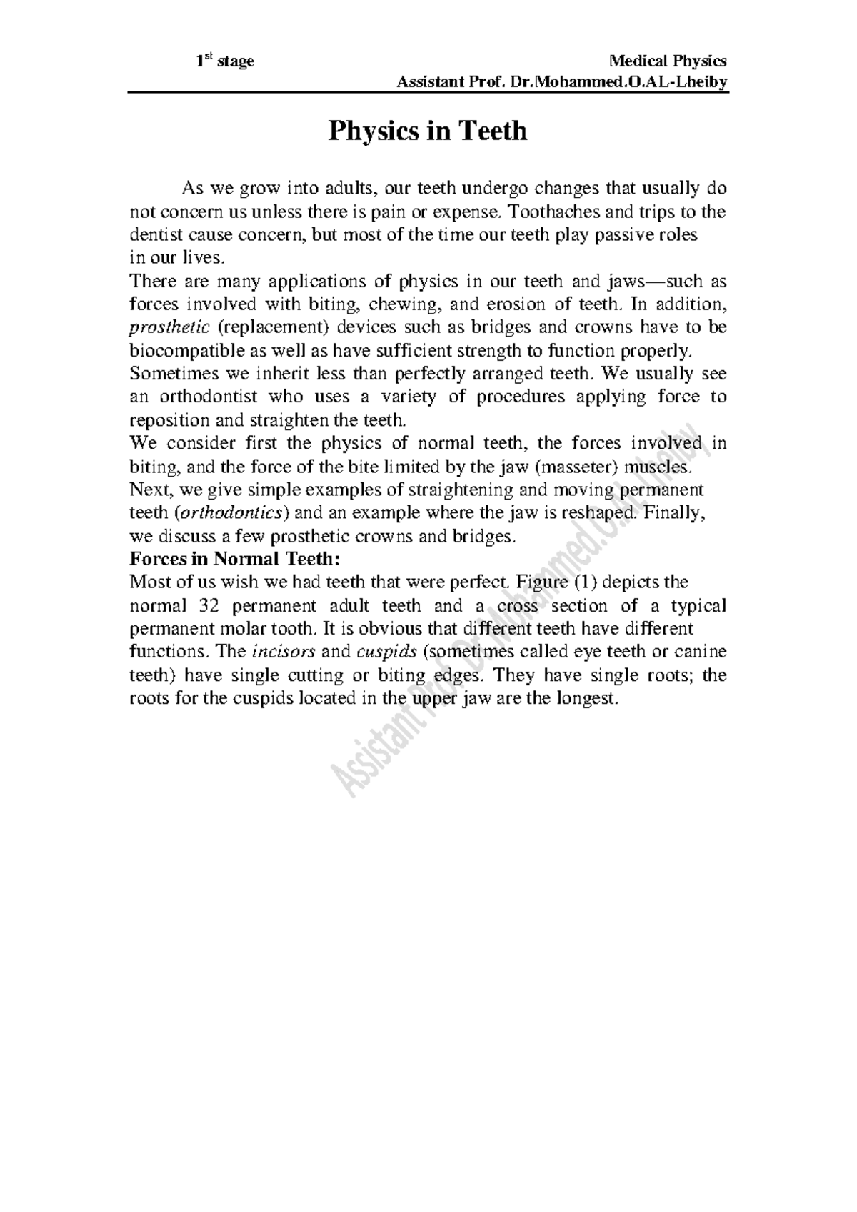 Physics in Teeth - Assistant Prof. Dr.Mohammed.O-Lheiby Physics in ...