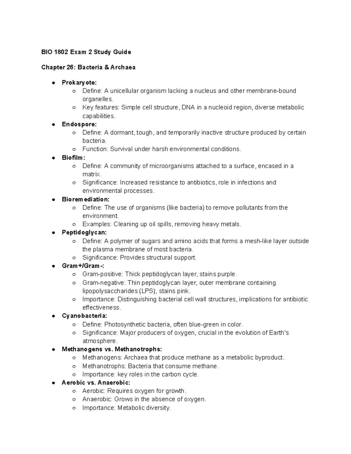 BIO 1802 Exam 2 Study Guide: Bacteria, Archaea, and Ecosystems - BIO ...