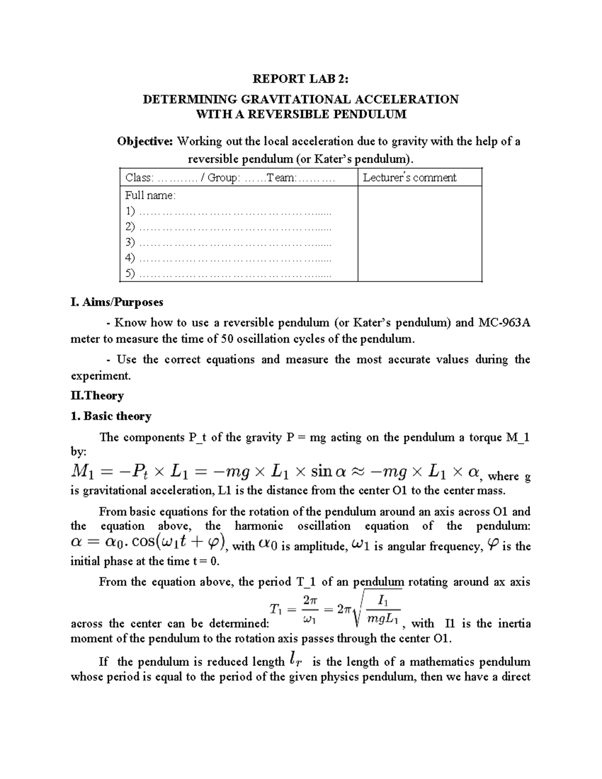 Report LAB 2 - 123 - REPORT LAB 2: DETERMINING GRAVITATIONAL ...