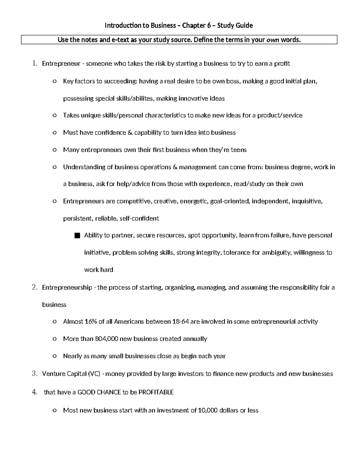 Business 101: Chapter 6 Study Guide on Entrepreneurship and Innovation ...