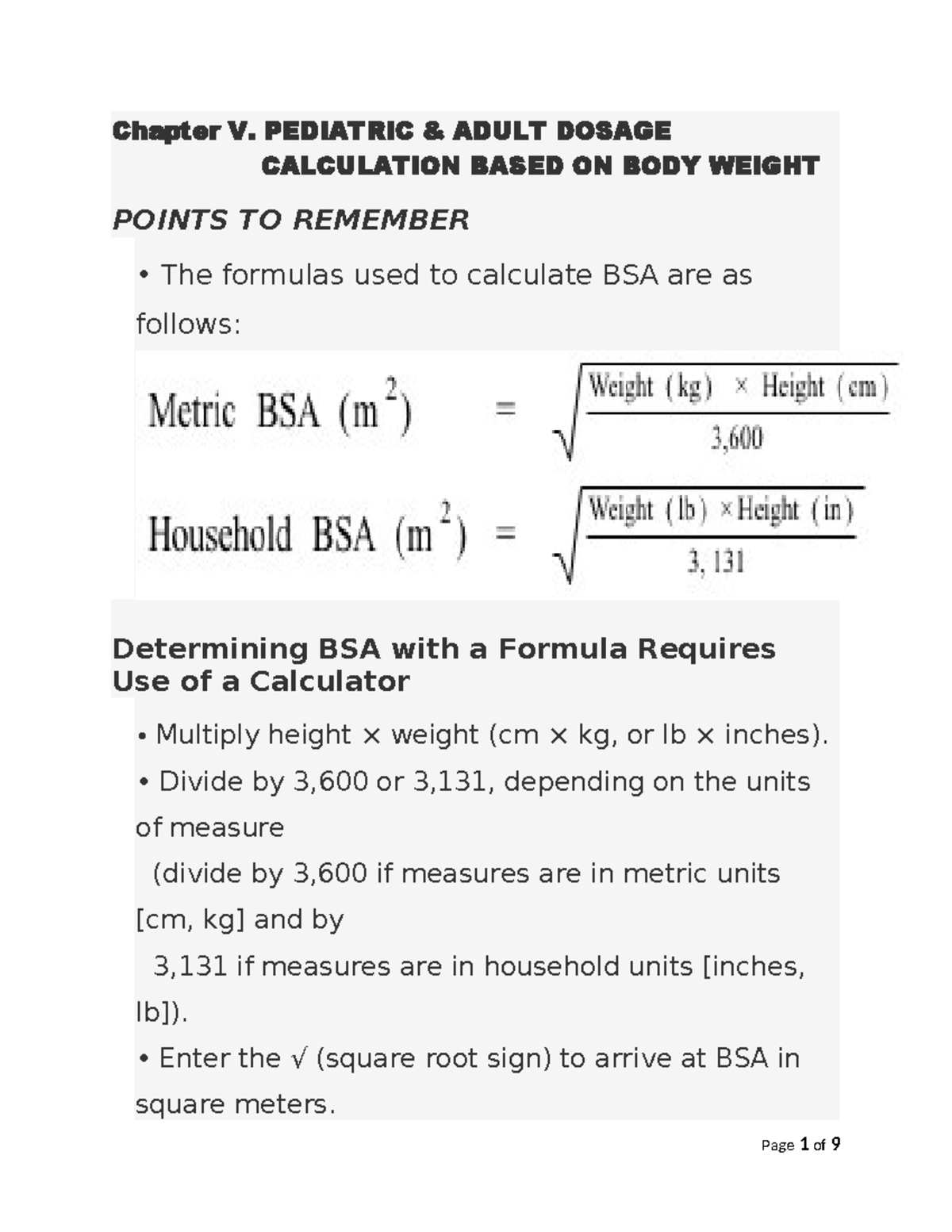 Chapter V: Pediatric Dosage Calculation Based on BSA (1.A Spson) - Studocu