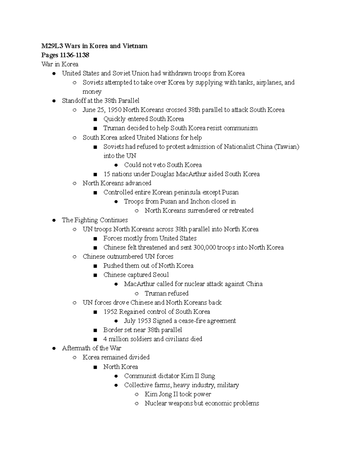 M29L3 - Honors World: Korea & Vietnam War Reading Notes - Studocu