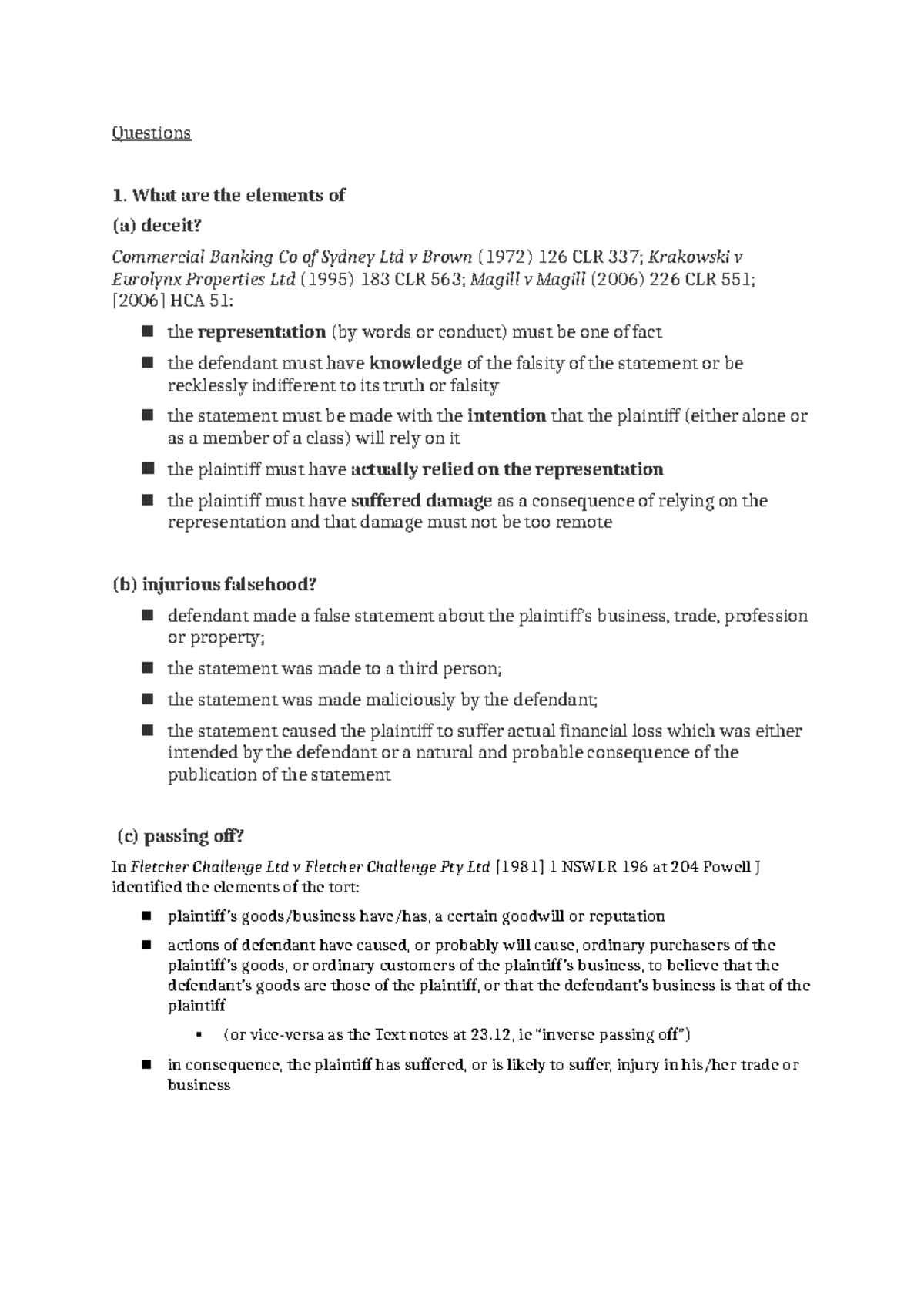 Module 7 Tutorial Questions: Deceit, Falsehood, and Passing Off - Studocu