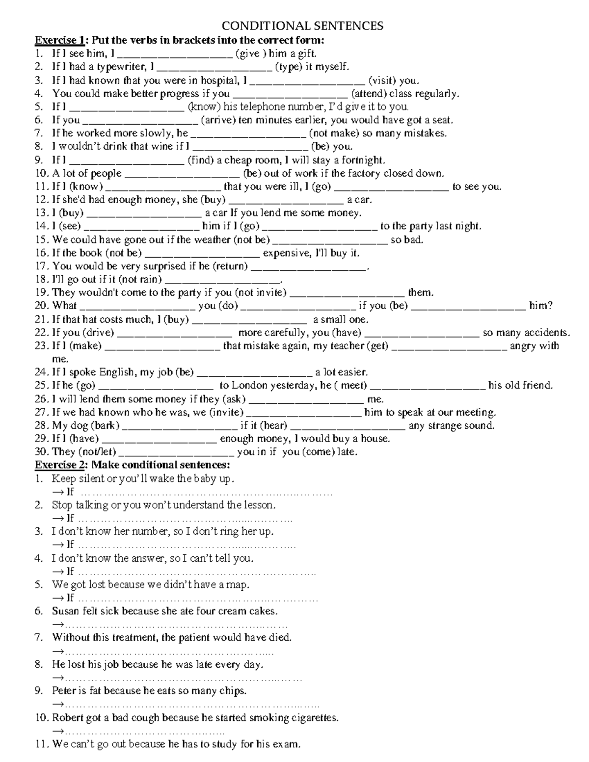 Conditional Sentences Exercises - Handout for Practice - Studocu