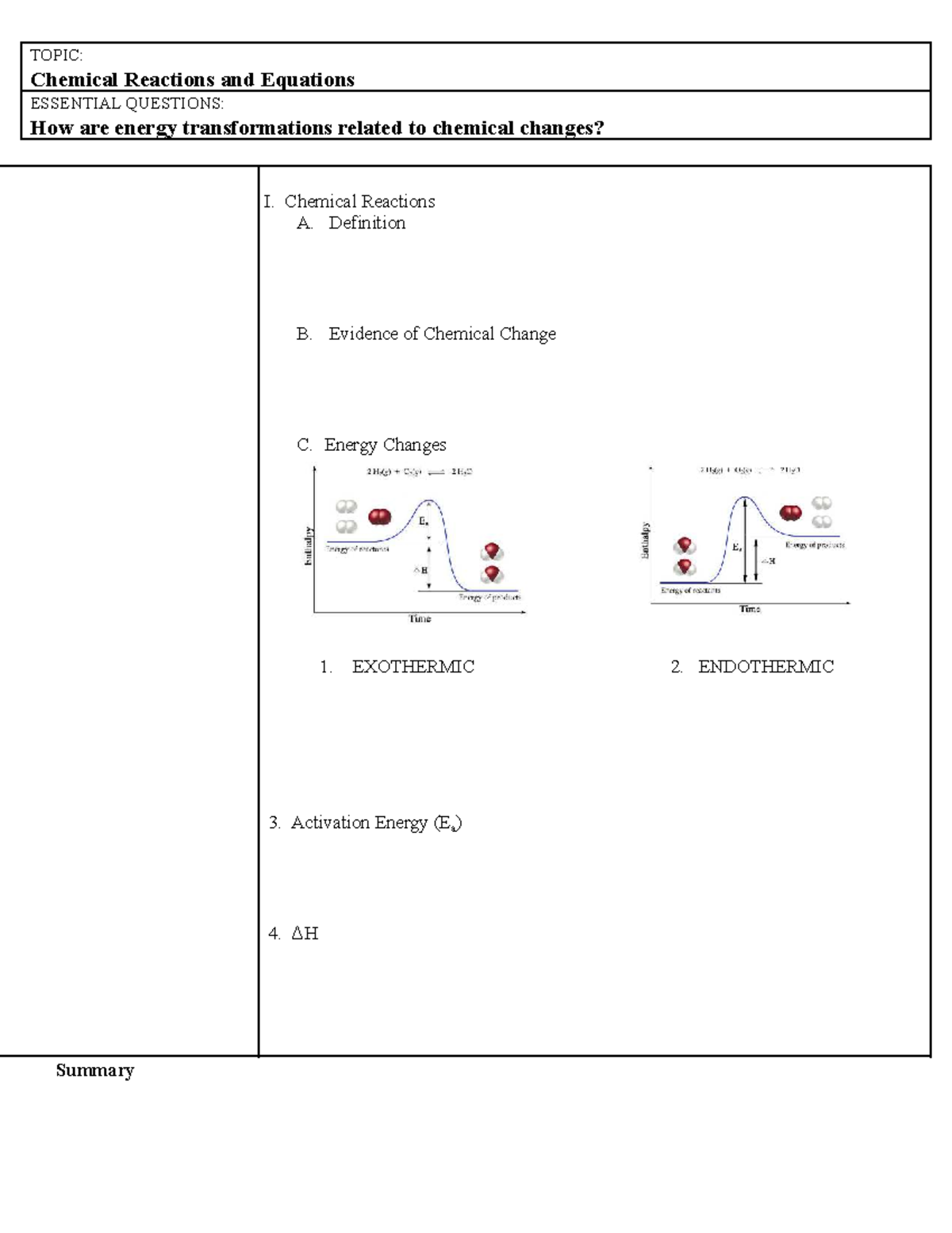 Energy Changes in Chemical Reactions Notes Handout - TOPIC: Chemical ...