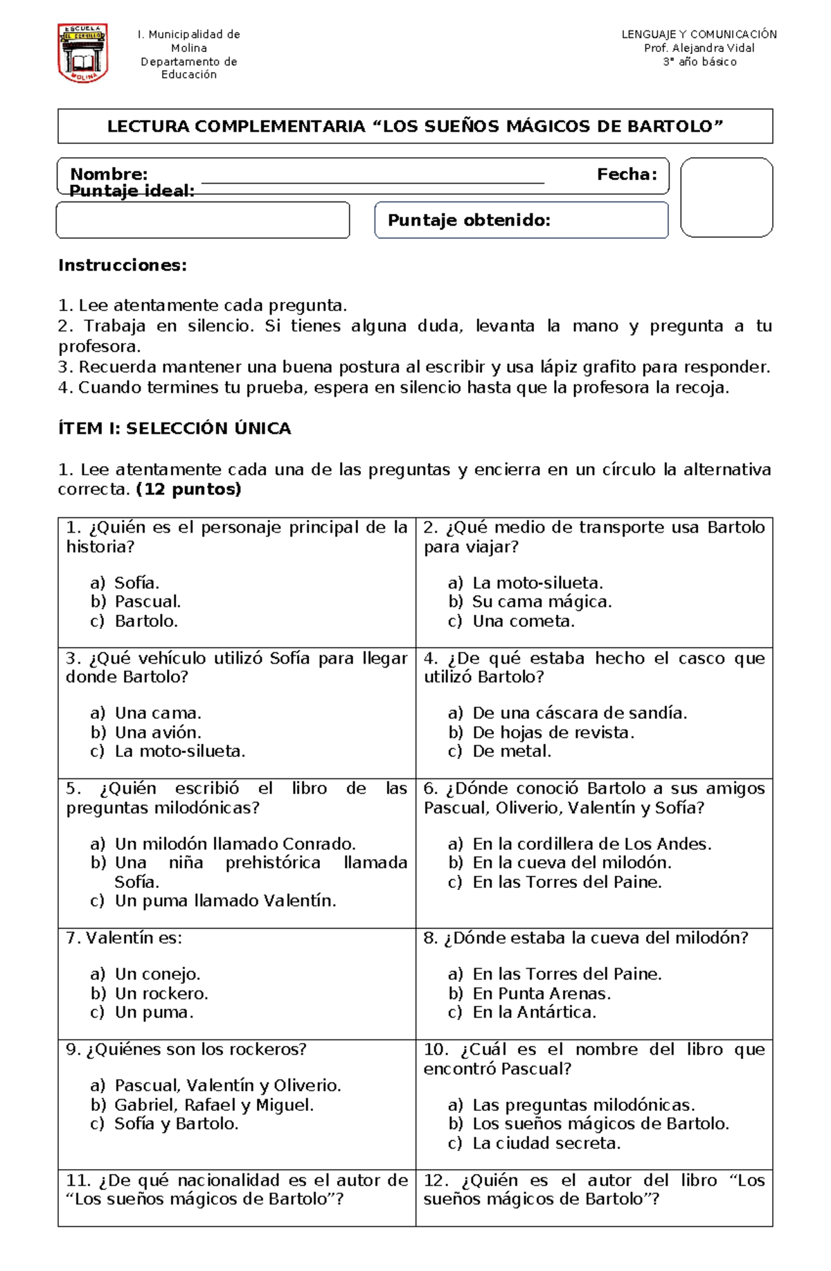 3° Año Básico - Prueba de Lectura "Los Sueños Mágicos de Bartolo" - Studocu
