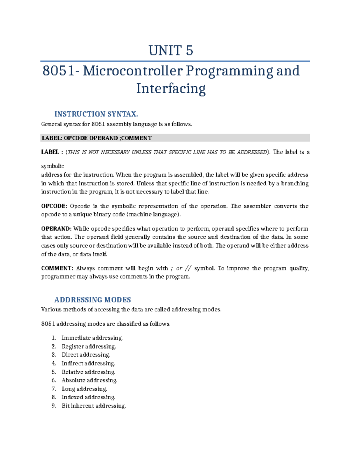 UNIT 5 - unit 5 notes - UNIT 5 8051- Microcontroller Programming and ...