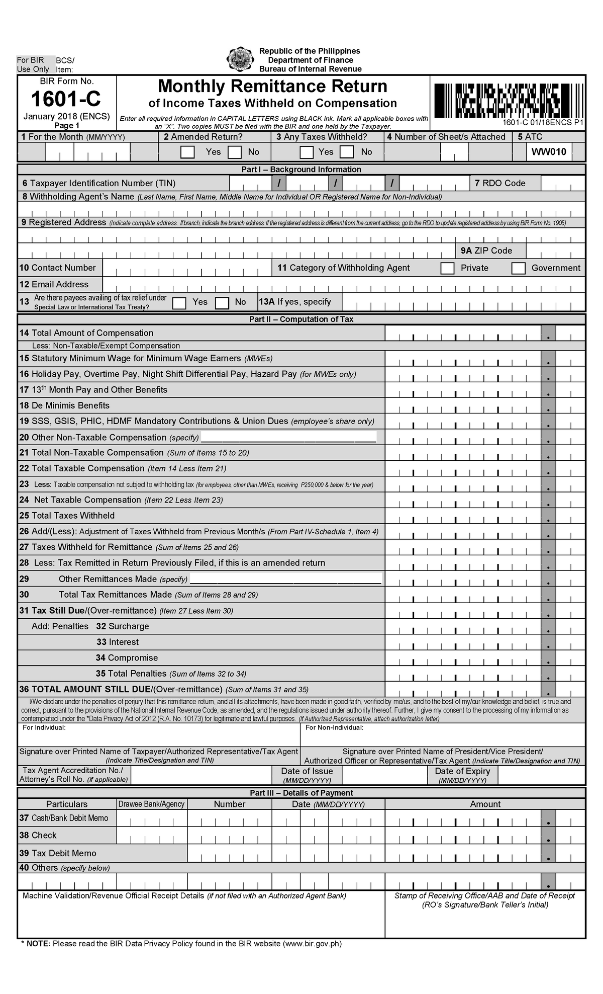 BIR Form 1601C: Monthly Remittance Return of Income Taxes Withheld ...