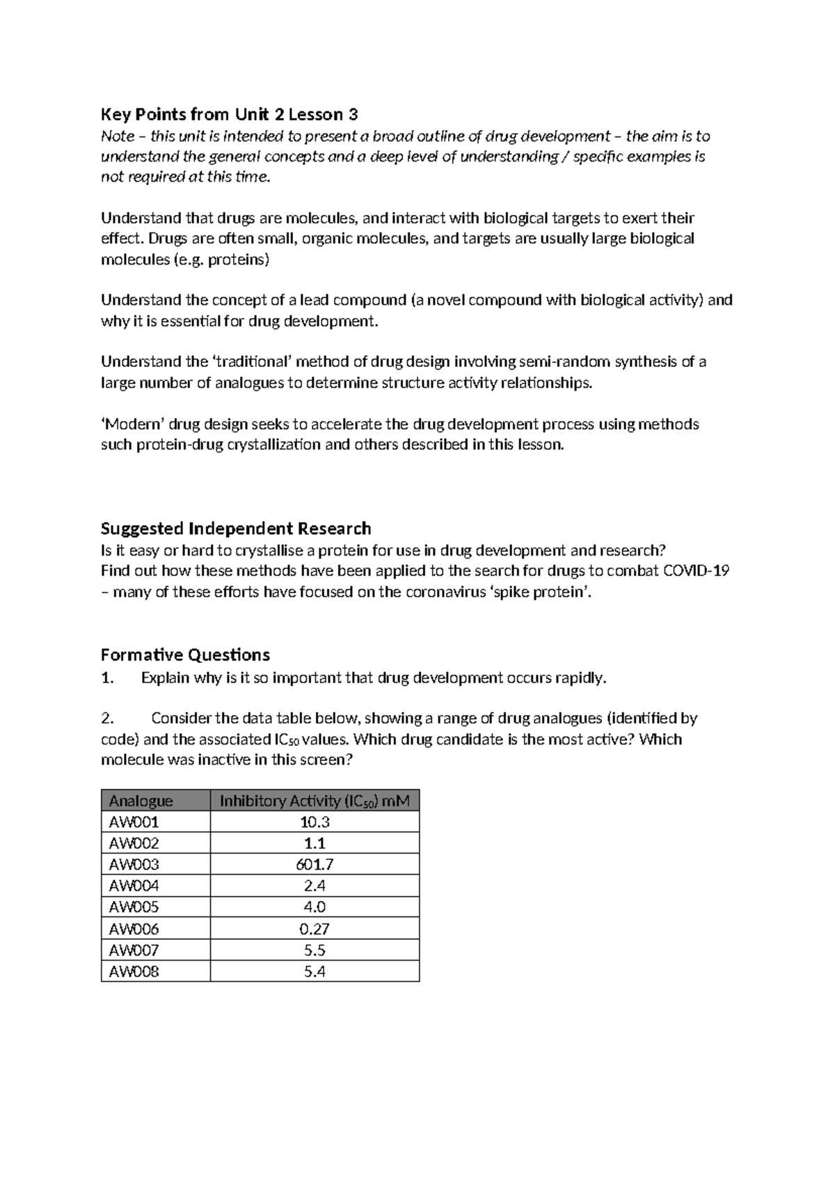 PH1121 Unit 2 Lesson 3: Drug Development Key Points & Questions - Studocu