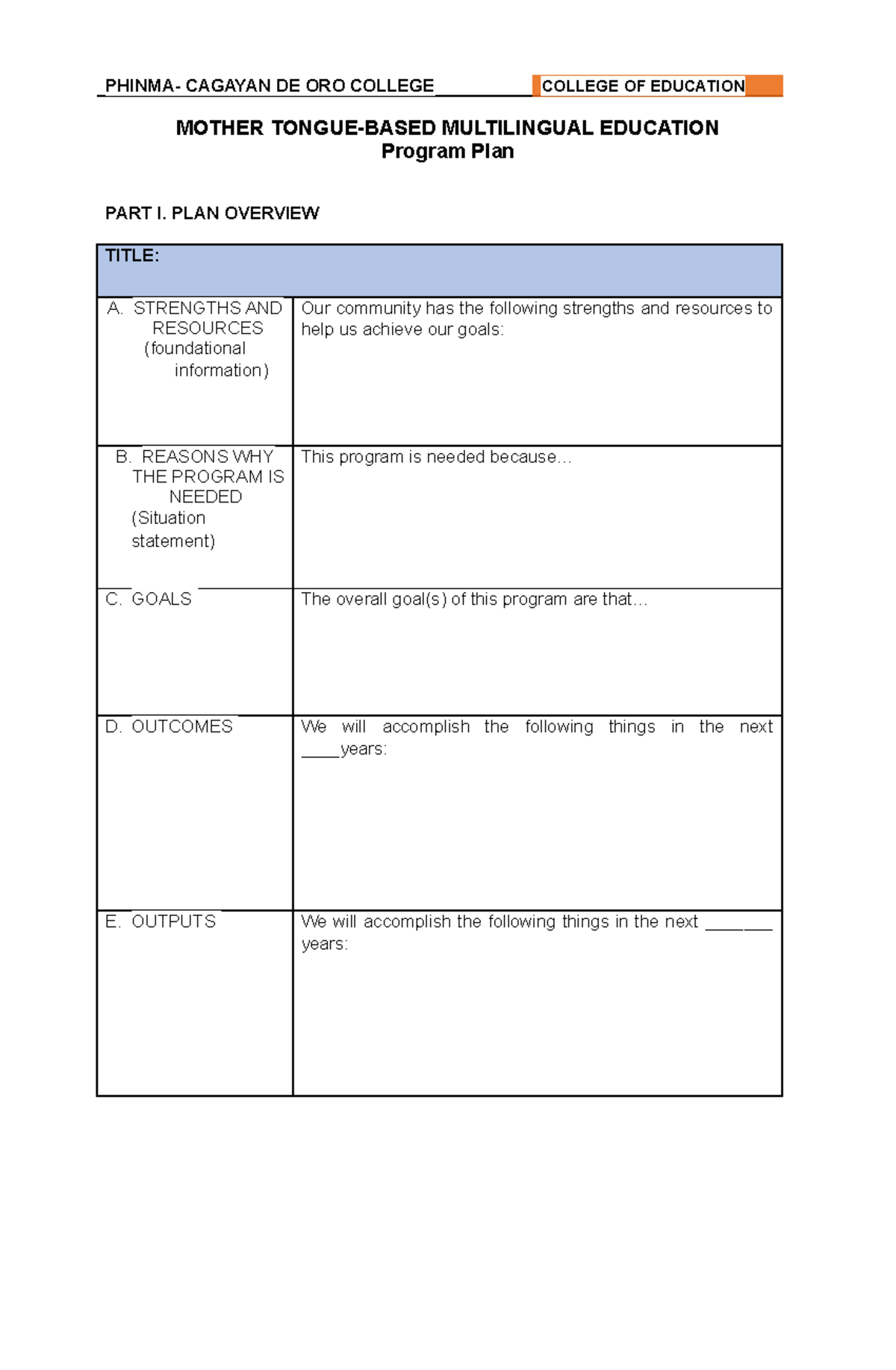 MTB-MLE Program-PLAN- Template - MOTHER TONGUE-BASED MULTILINGUAL ...