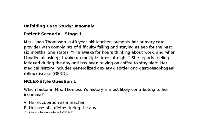 Unfolding Case Study: Insomnia Patient Scenario SV - Studocu