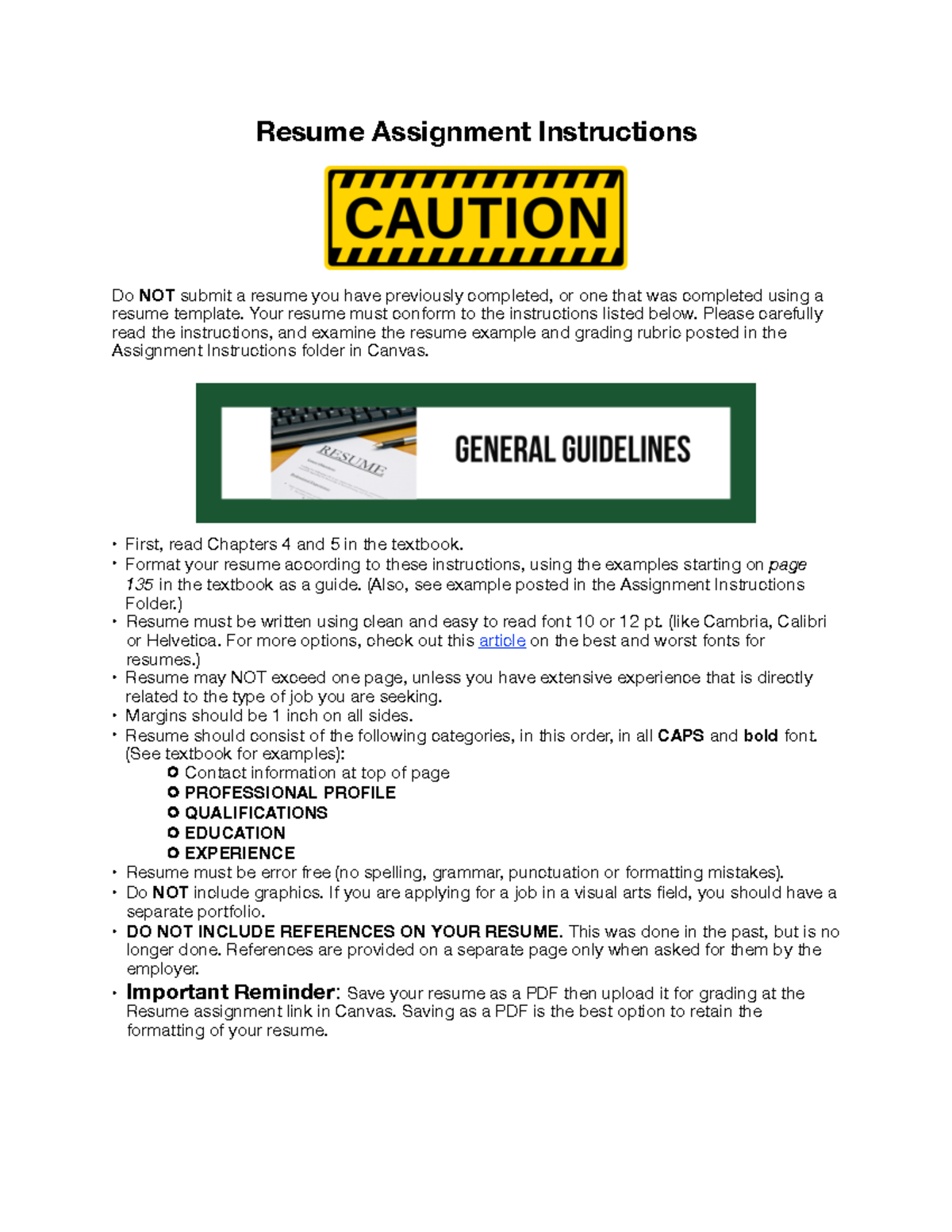 Resume Instructions - notes - Resume Assignment Instructions Do NOT ...