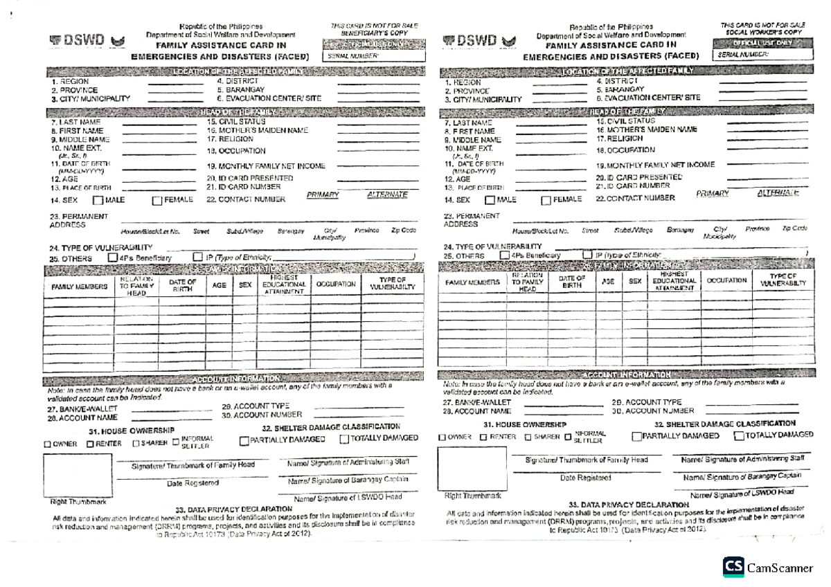 DSWD Family Assistance Card for Emergencies and Disasters - Studocu