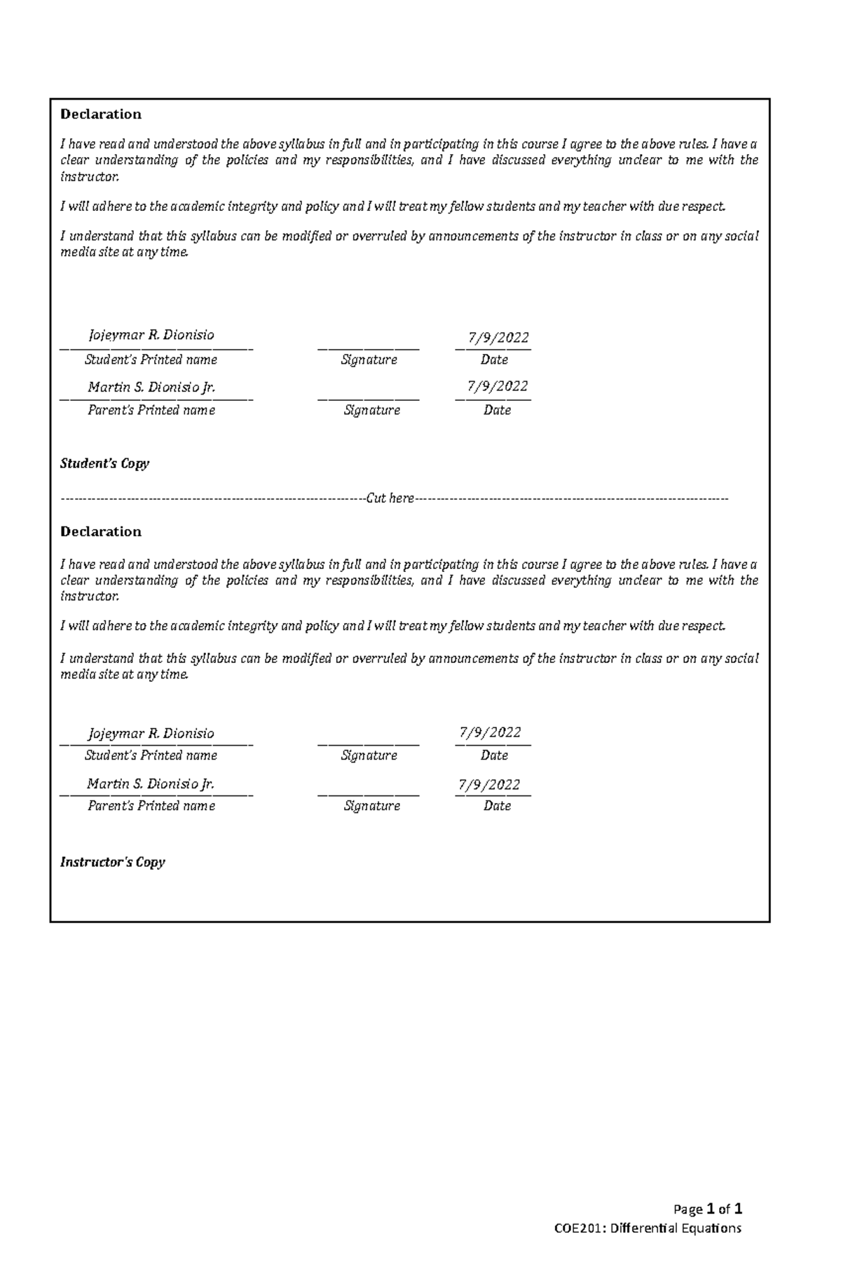 COE201 - Differential Equations Course Declaration Form - Studocu