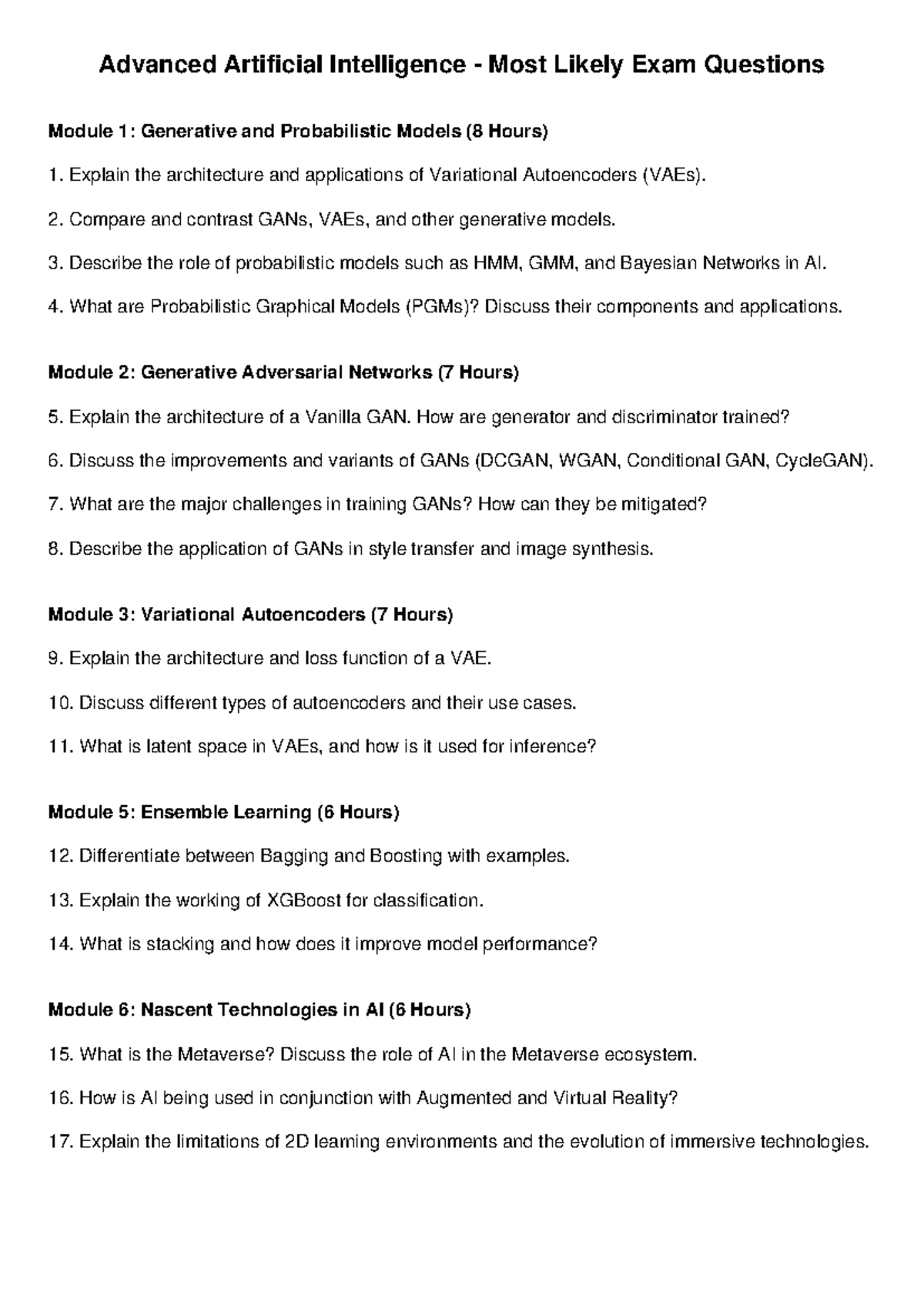 Advanced AI Exam Questions: Generative Models & Techniques (Module 1-6 ...