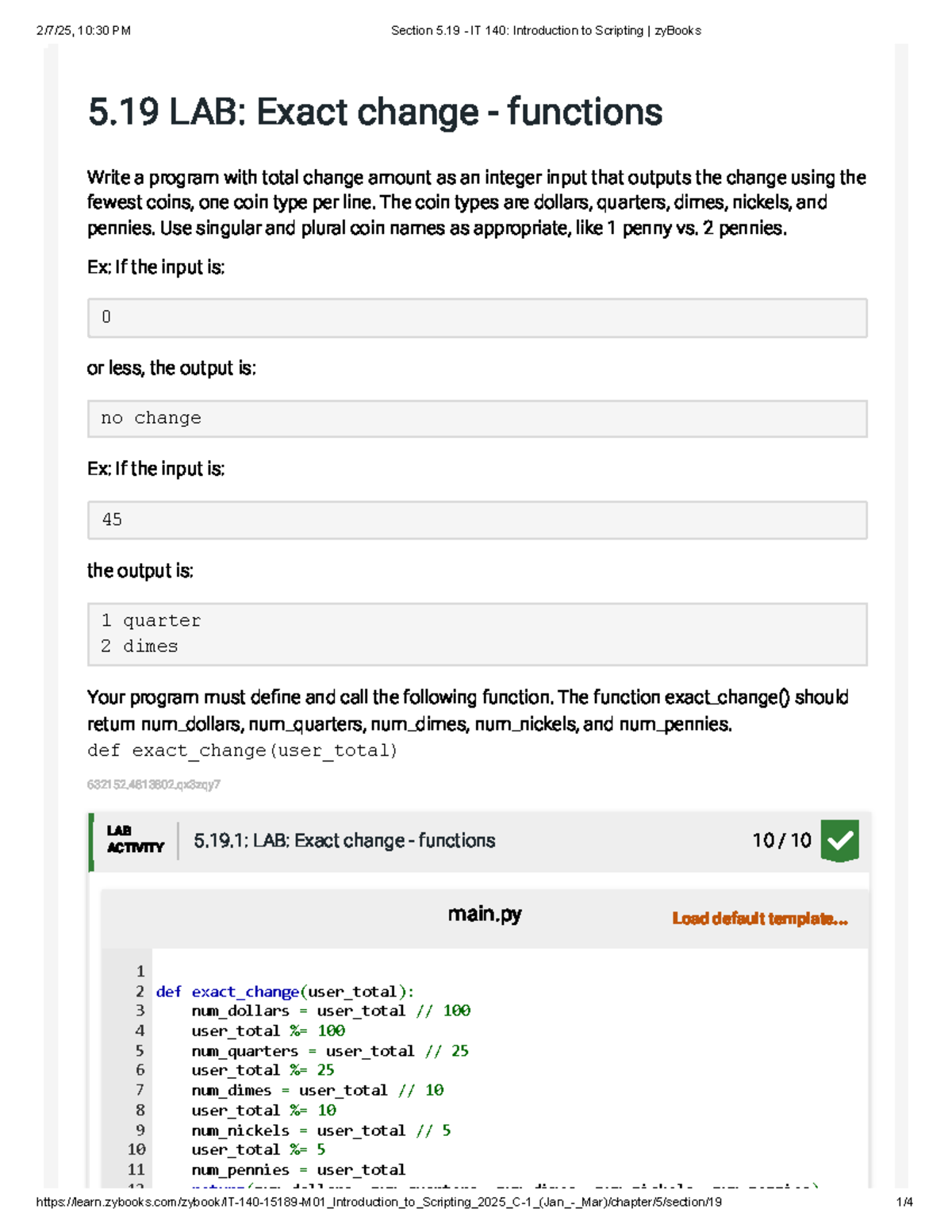LAB ASSIGNMENT: Function for Exact Change Calculation - Studocu