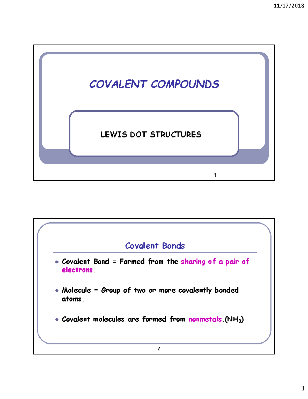 Covalent Compounds: Lewis Dot Structures & Bonding Patterns PRE 2018 ...