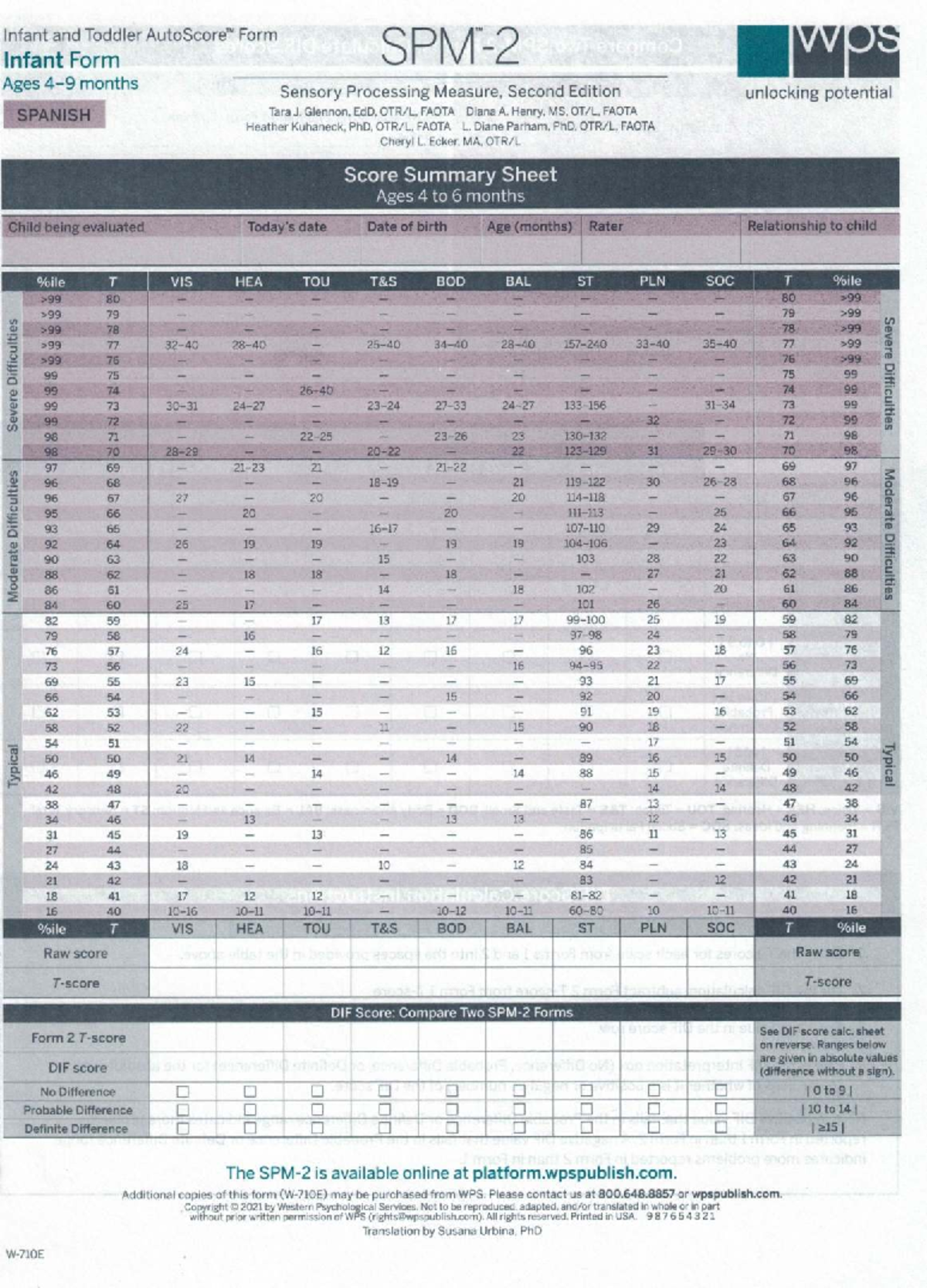 Infant and Toddler AutoScore™ Form SPM-2 (Ages 4-9 months) - Spanish ...