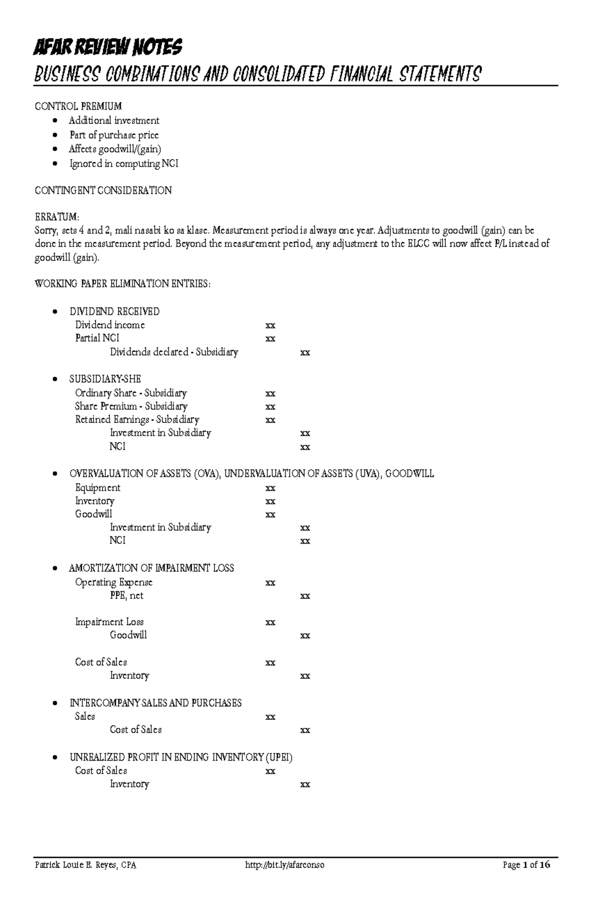 AFAR 301 - Practical Review Notes on Business Combinations - Studocu