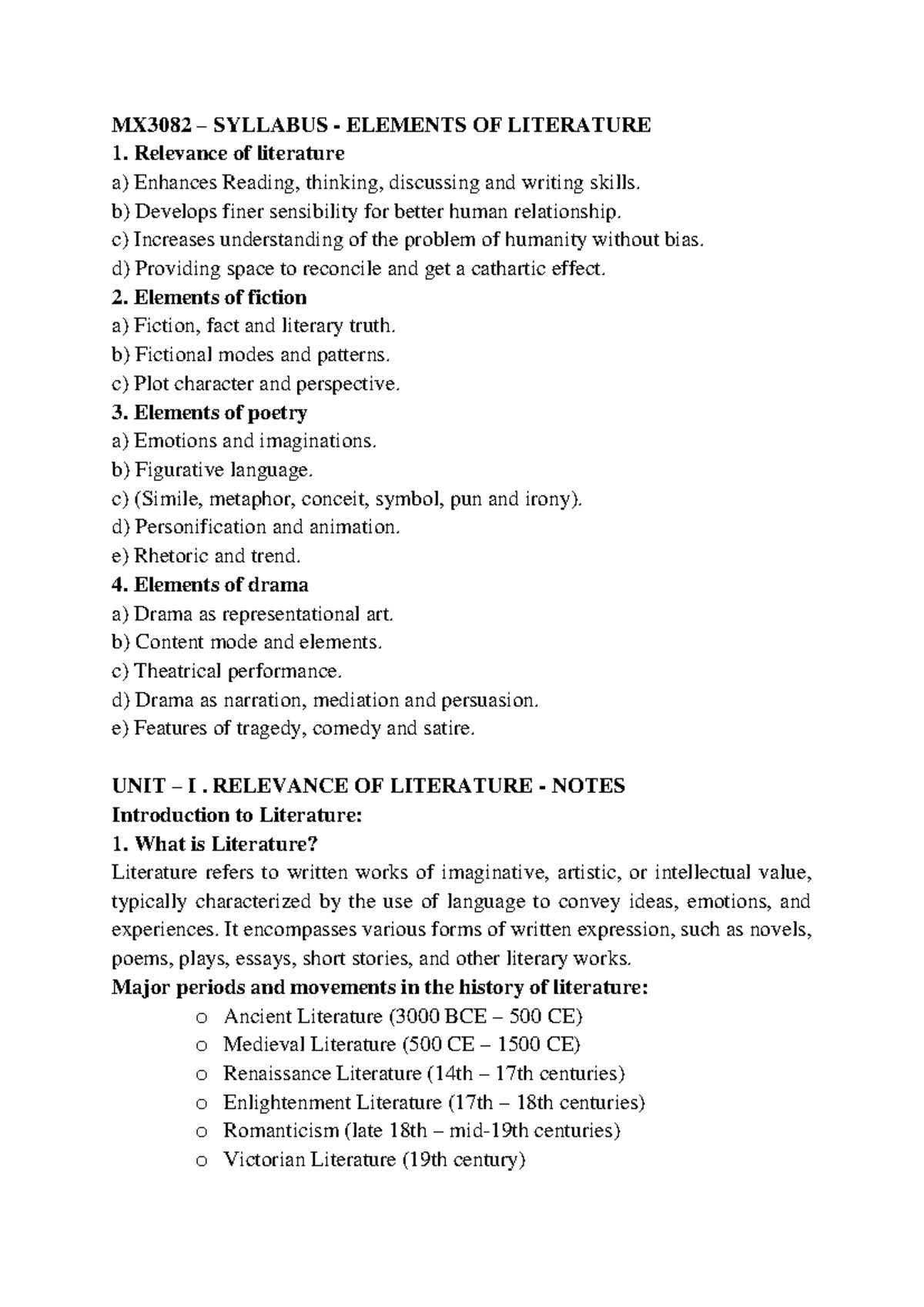 MX3082 ELEMENTS OF LITERATURE SYLLABUS & NOTES - Studocu