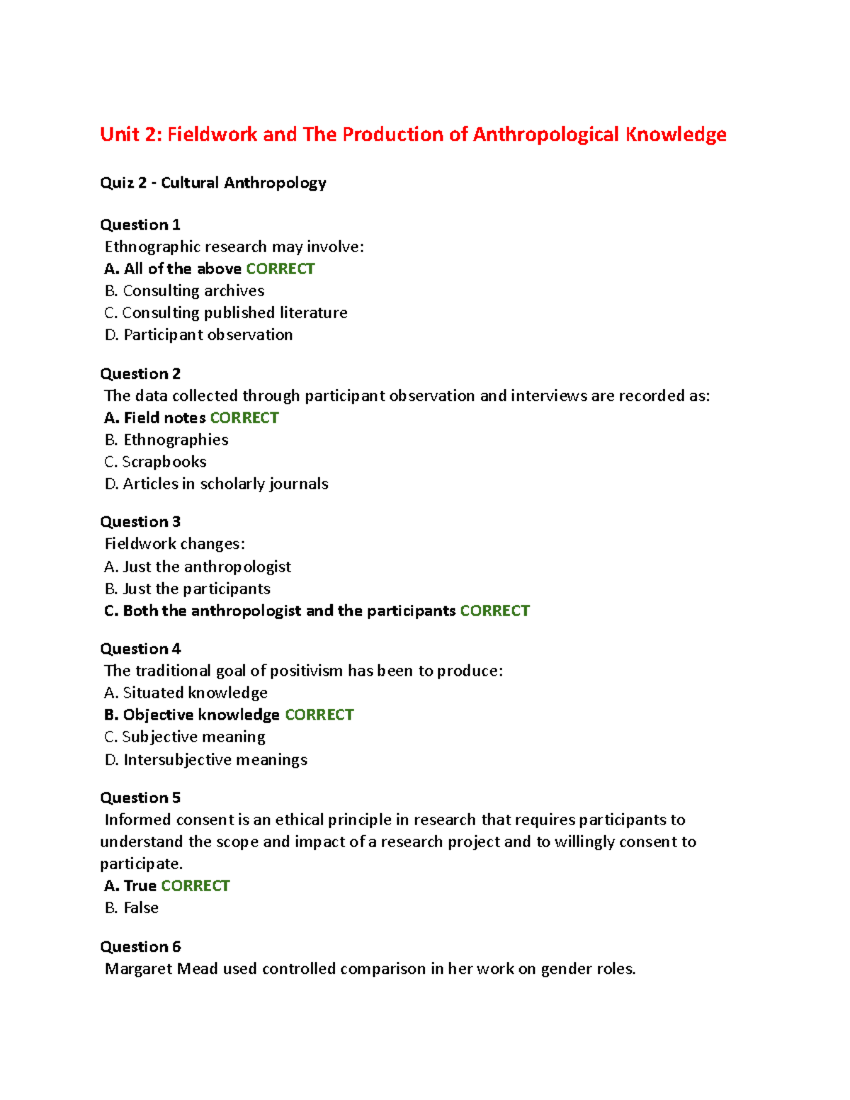 Cultural Anthropology Quiz 2: Fieldwork & Ethnographic Research - Studocu