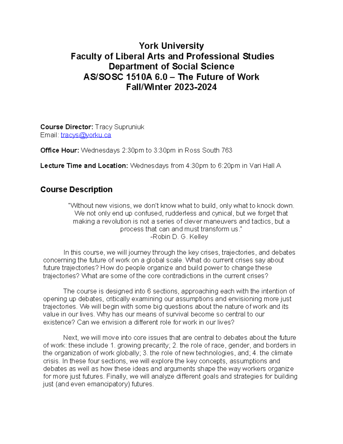 SOC 1510A 6.0 The Future of Work: Course Syllabus & Outline - Studocu