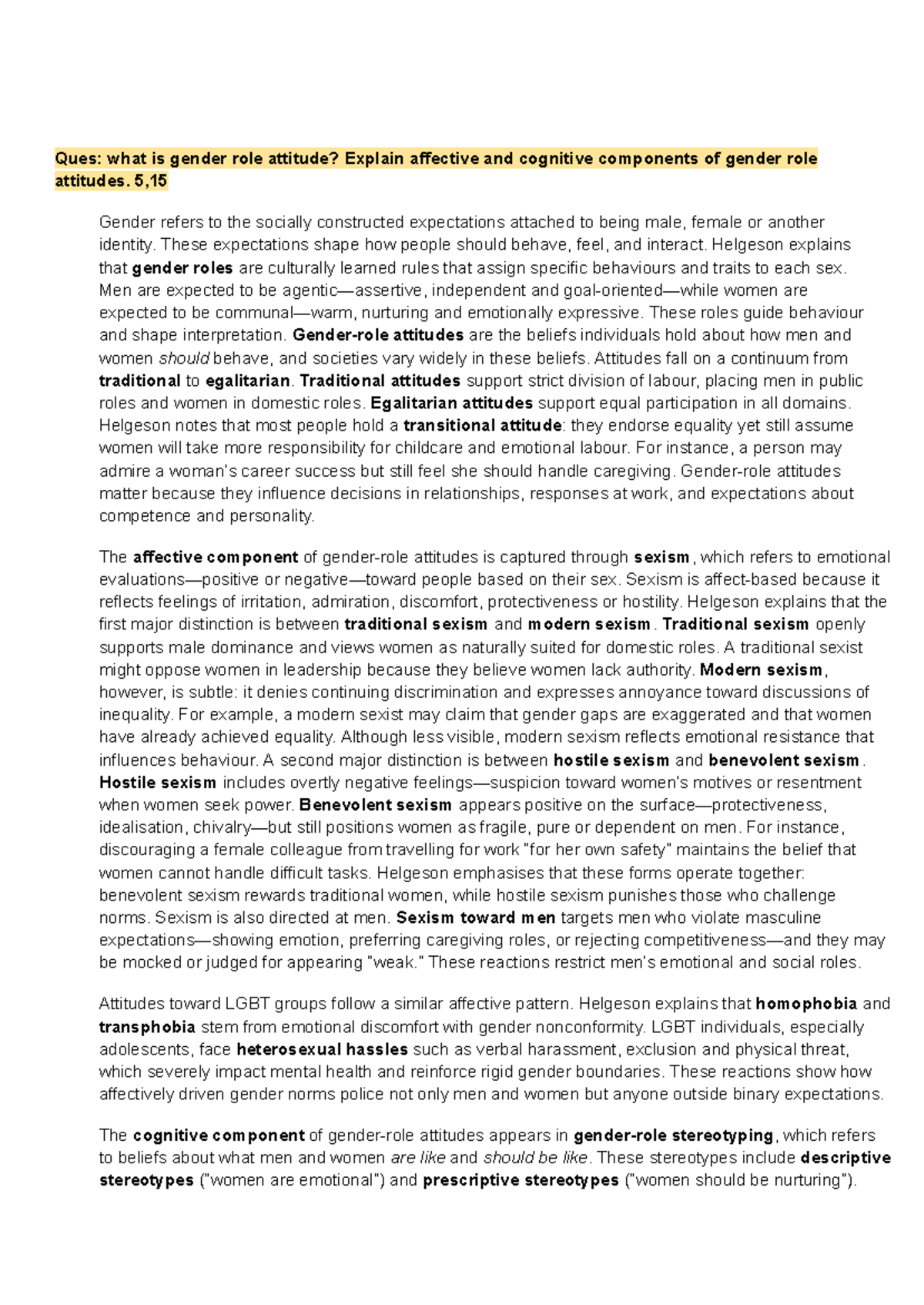 Gender Role Attitudes: A Comprehensive Overview (PSY 101) - Studocu