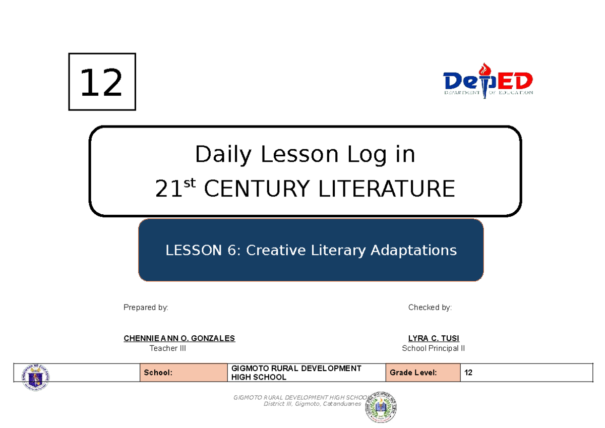 Daily Lesson Log 6: Creative Literary Adaptations in 21st Century Lit ...