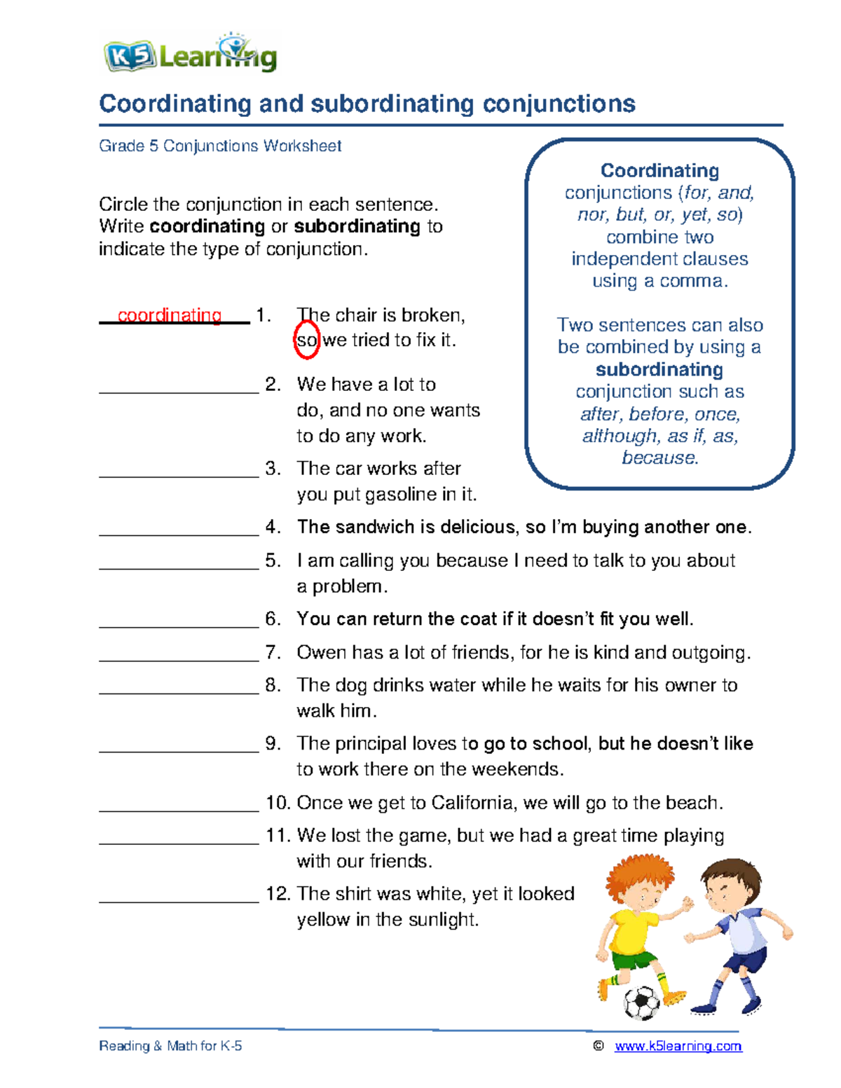 Grade 5 Conjunctions Worksheet: Coordinating & Subordinating Types ...