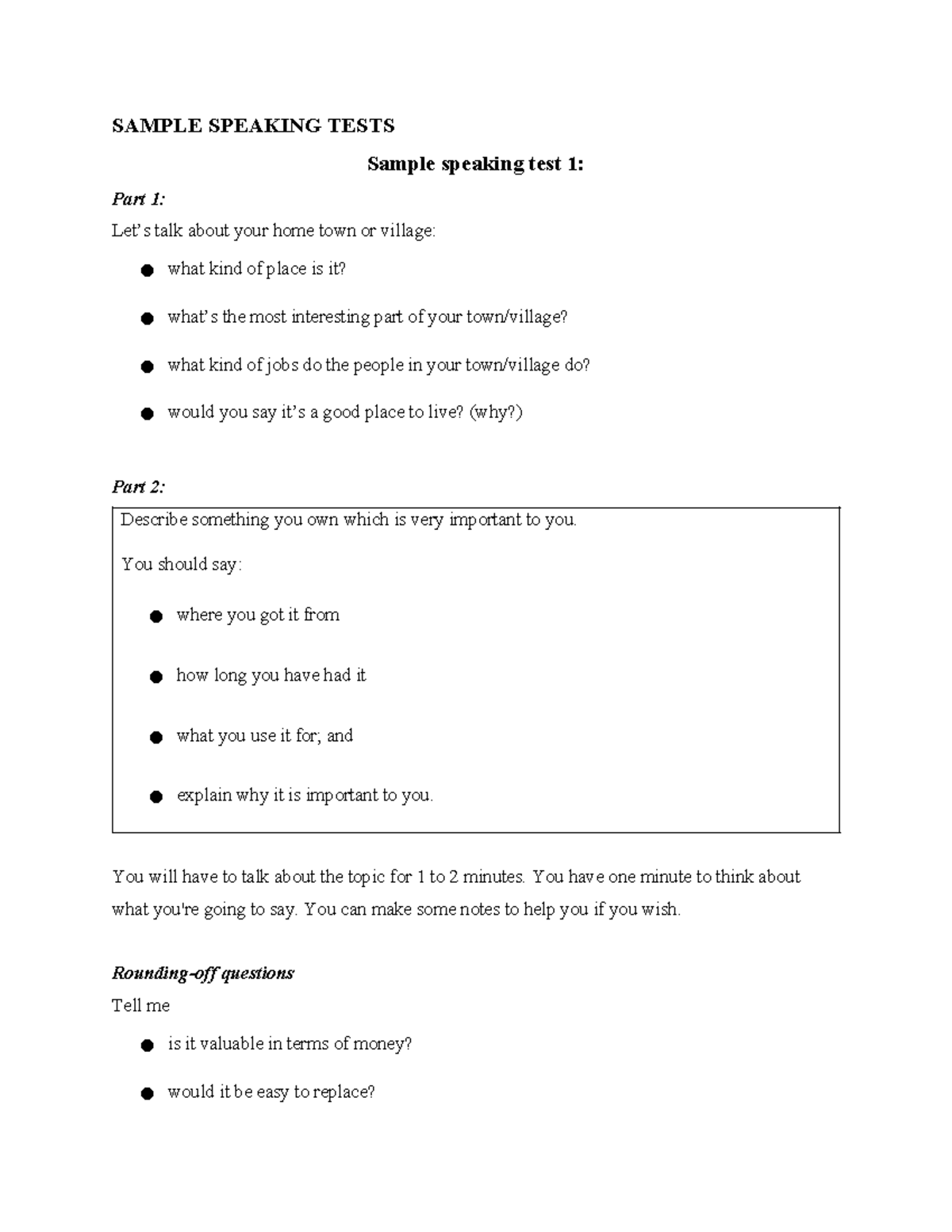 Speaking Skill 1 Practice Tests: Sample Speaking Test Questions - Studocu