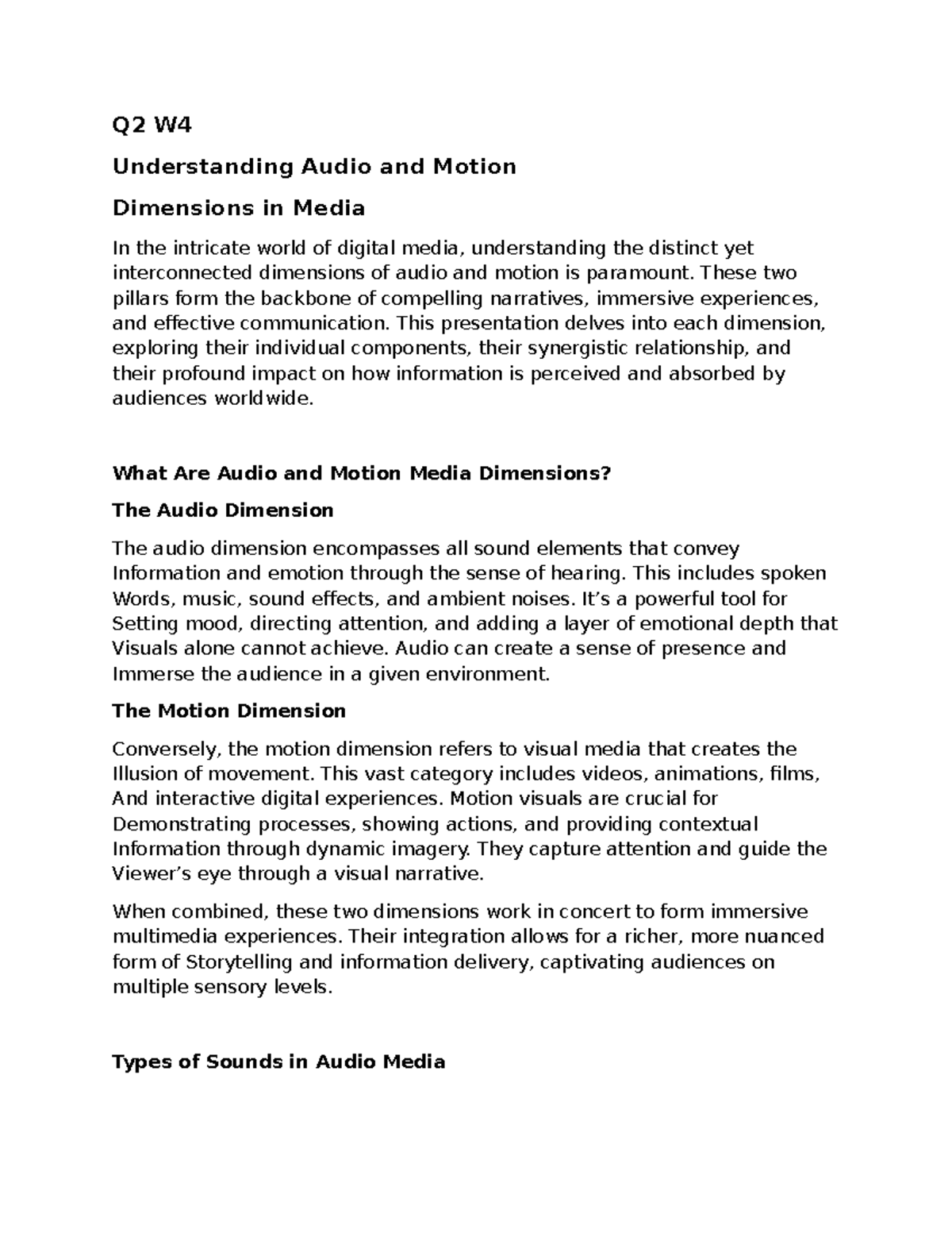 Q2 W4 Understanding Audio & Motion Dimensions in Digital Media - Studocu