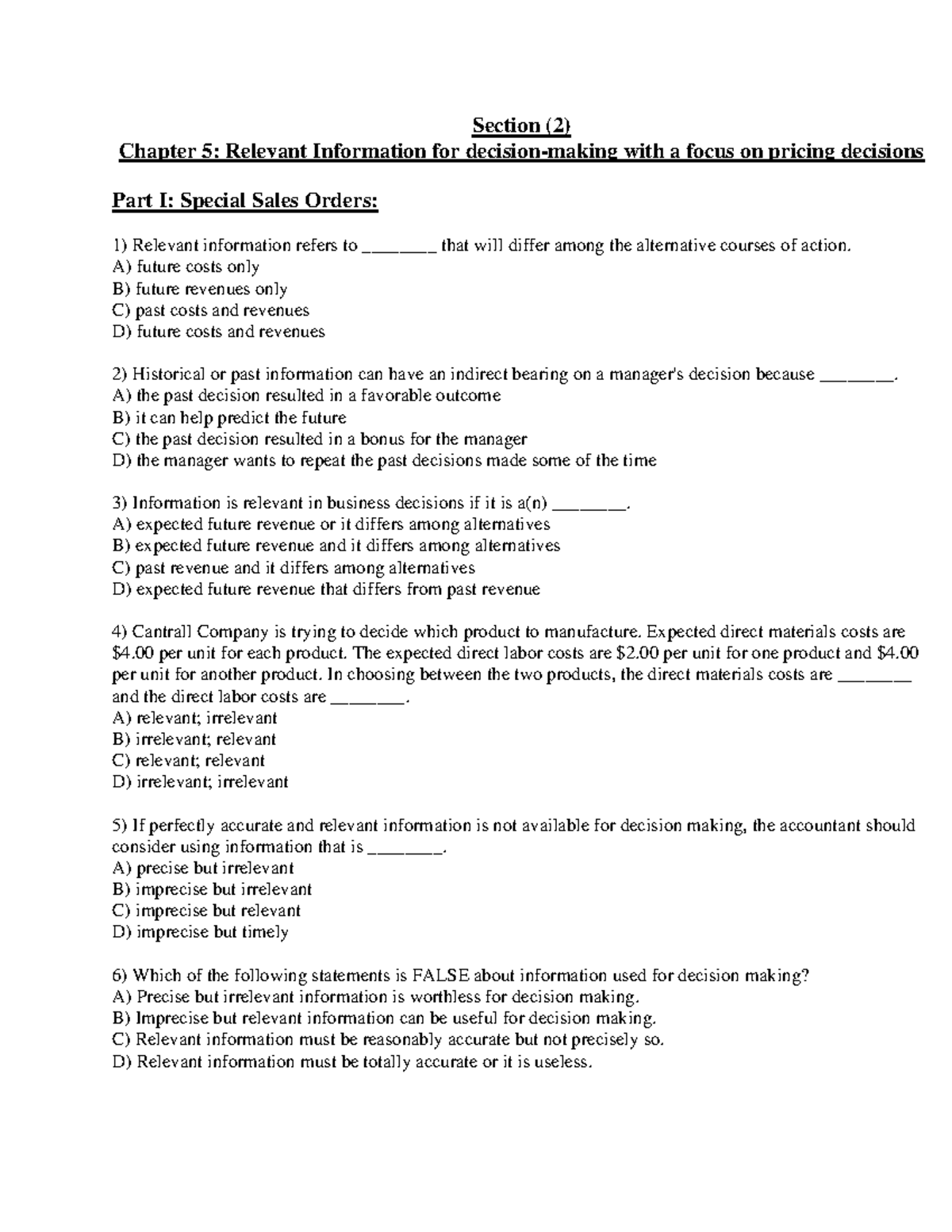 Section 2: Chapter 5 - Relevant Info for Pricing Decisions (Part I ...