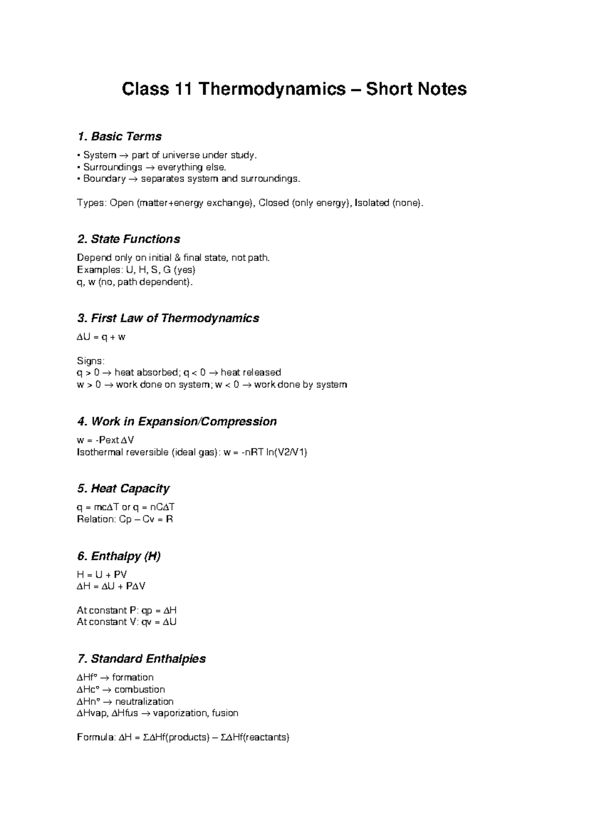 Class 11 Thermodynamics Short Notes: Key Concepts and Terms - Studocu